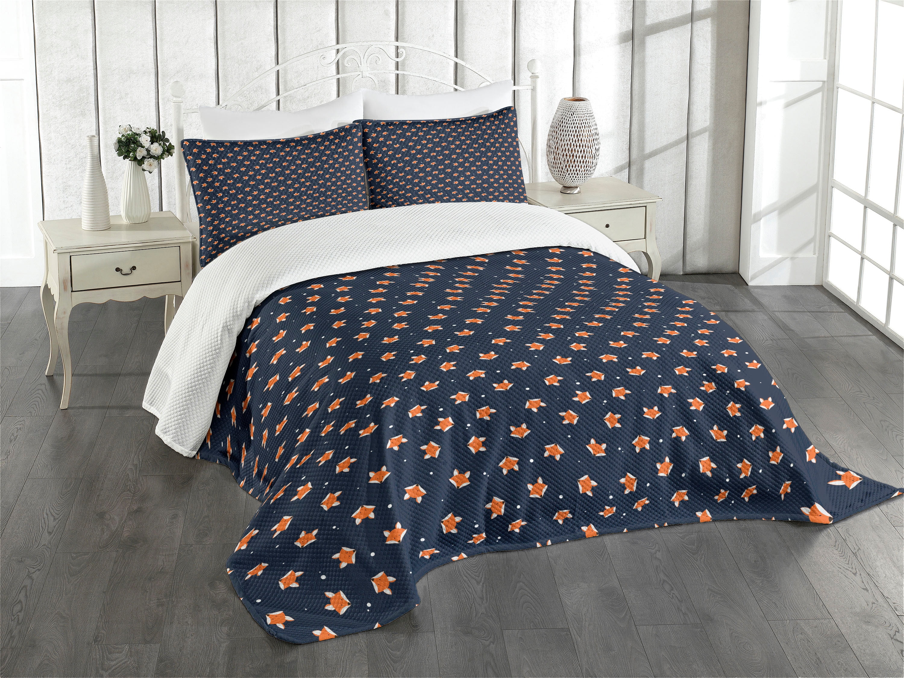 Ambesonne Fox Quilted Bedspread Set 3 Pcs, Small Orange Forest Mammal ...