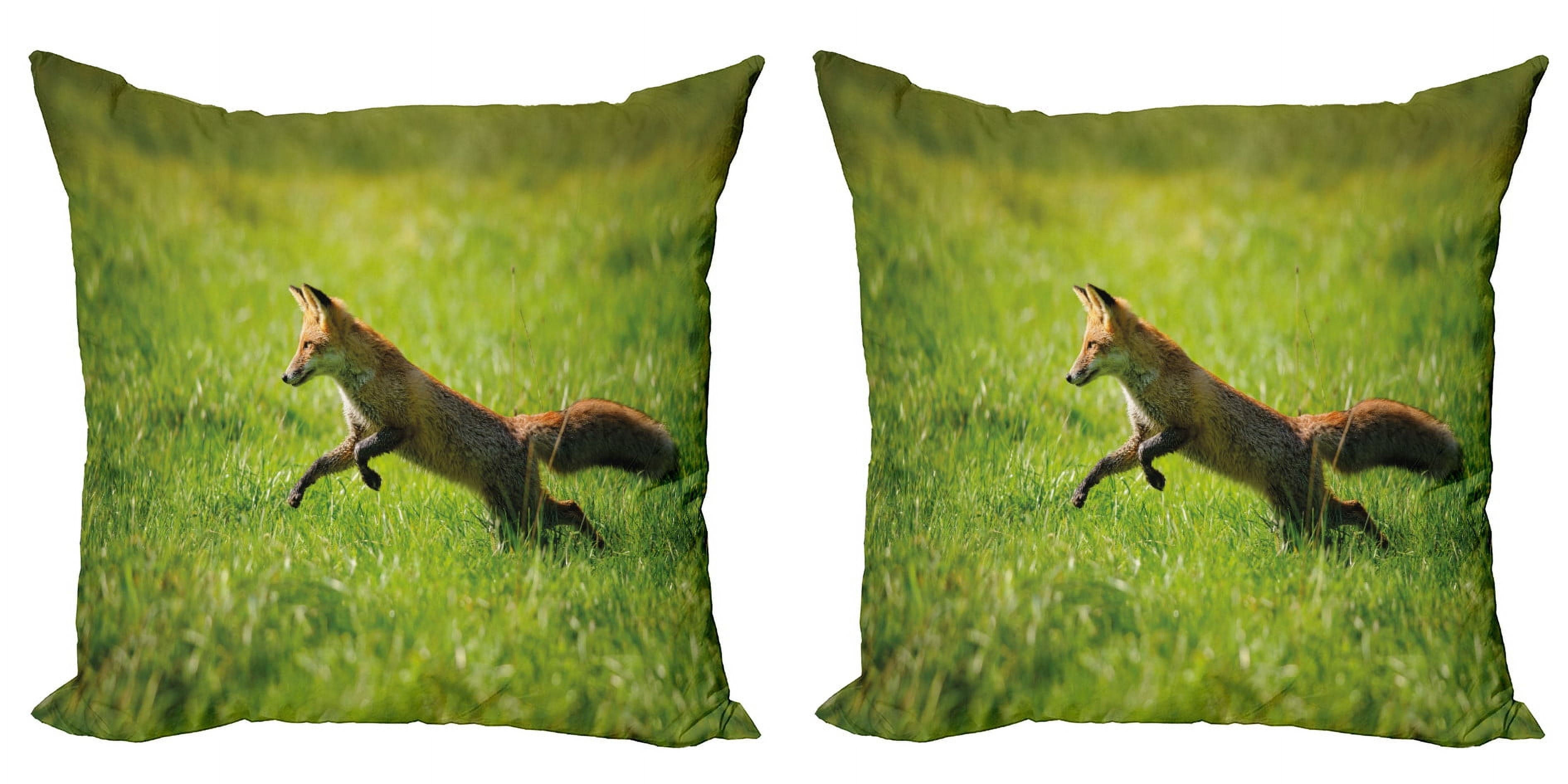 Ambesonne Fox Throw Pillow Cover 2 Pack, Jumping Animal Fresh Grass, 18 ...