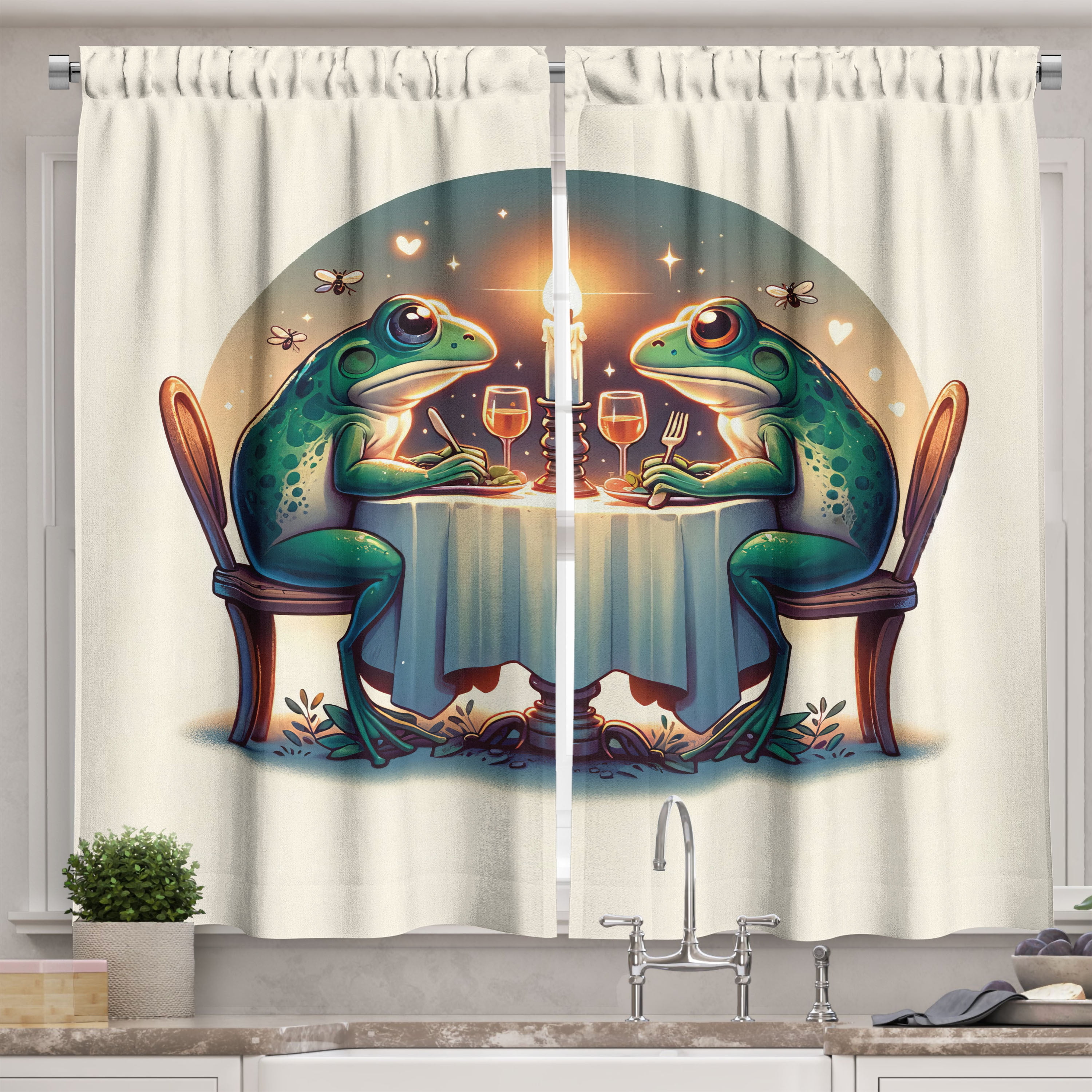 Ambesonne Frog Kitchen Curtains, Croaker Couple Romantic Dinner, 55"x36 ...