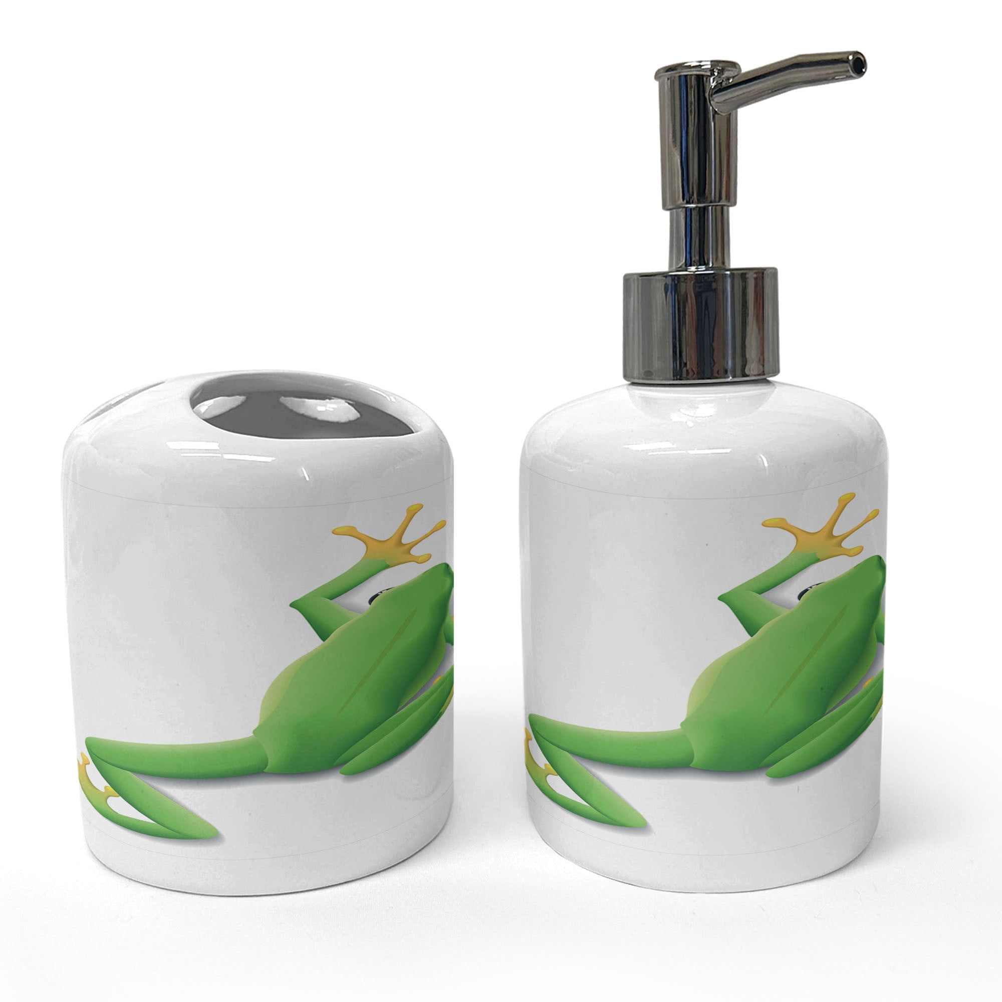 Ambesonne Frog Soap Dispenser & Toothbrush Holder Set, Tropic Frog in ...
