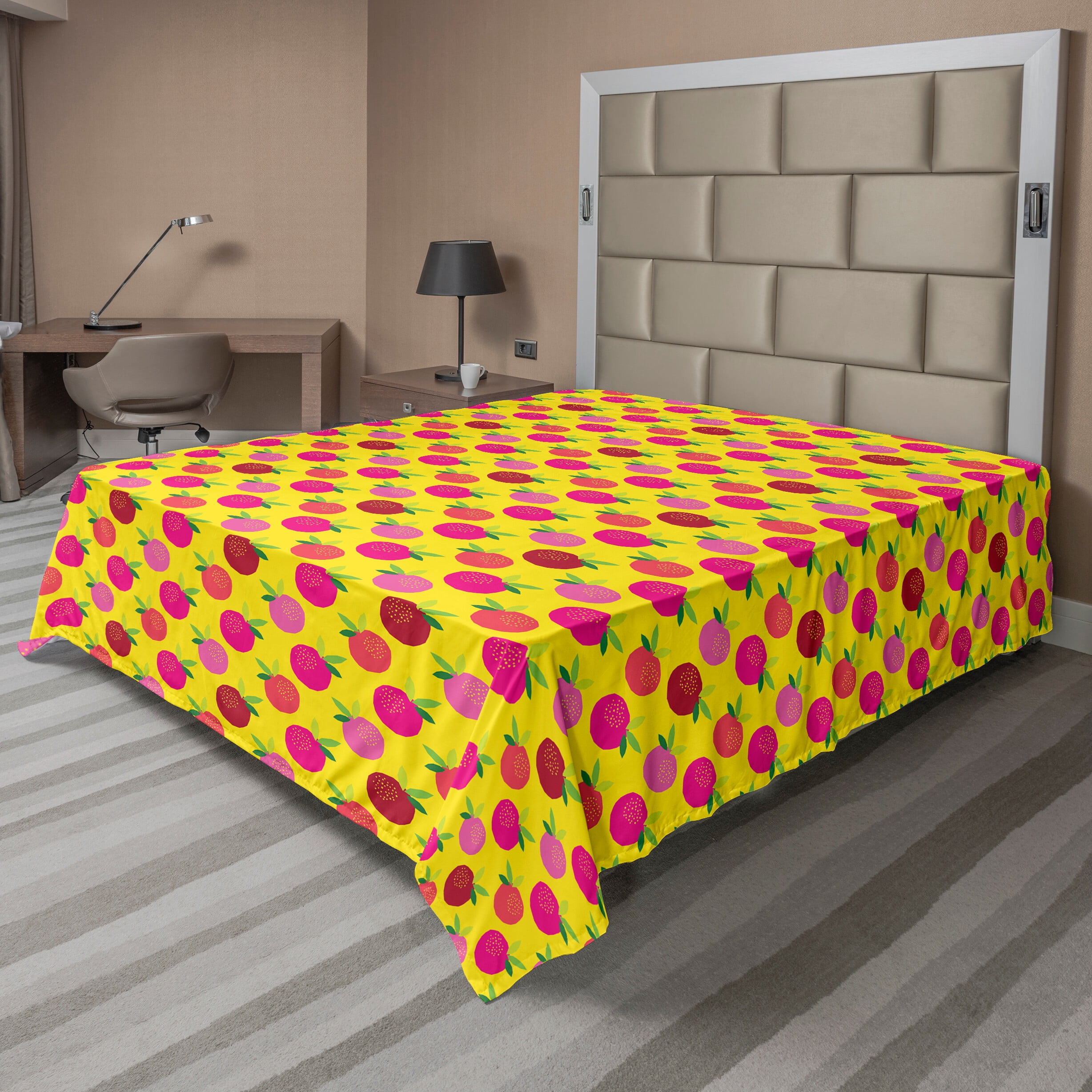 Ambesonne Fruit Flat Sheet, Pinkish Apples and Leaves, Full Size, Yellow Pink and Magenta ...