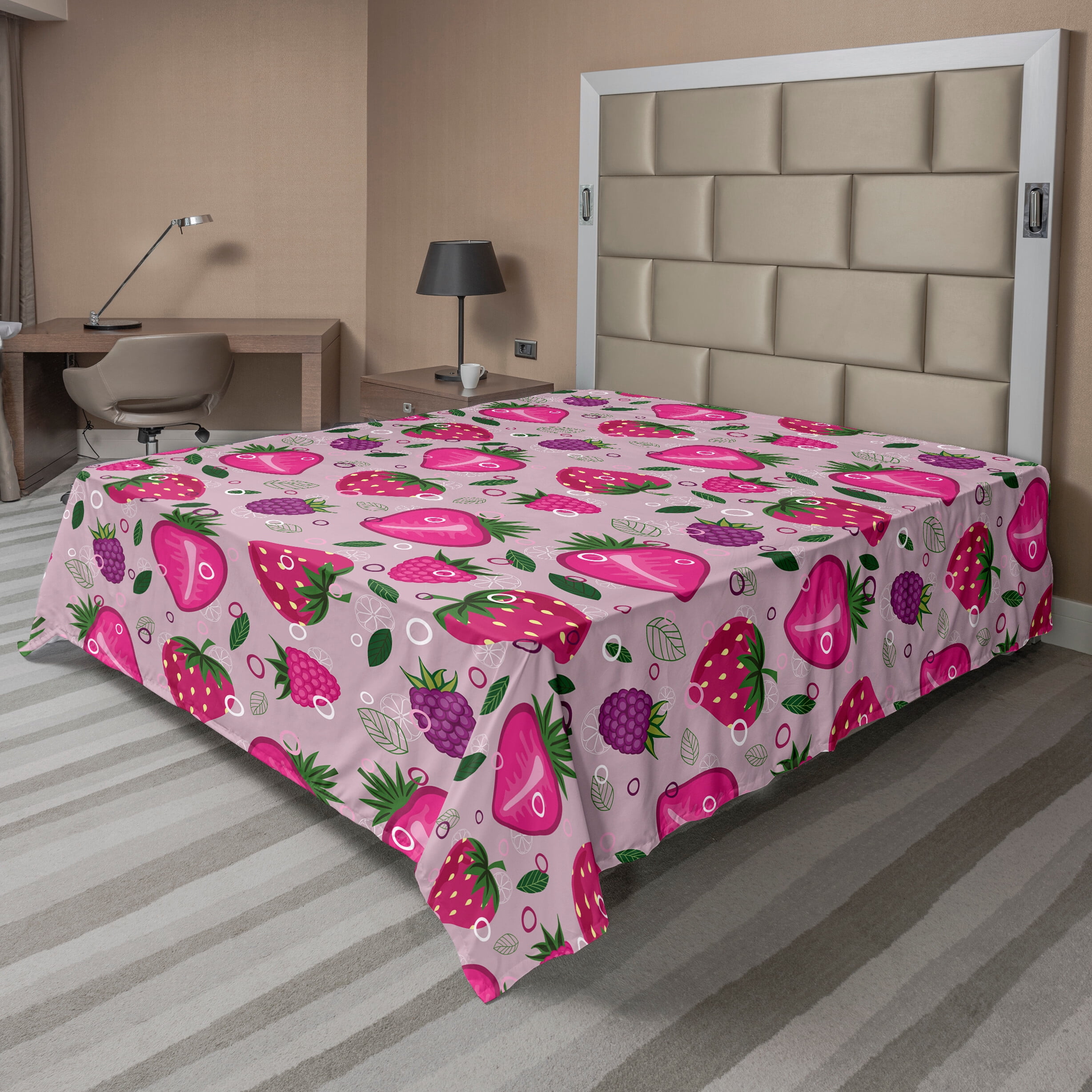 Ambesonne Fruit Flat Sheet, Strawberries and Raspberries, Queen Size ...