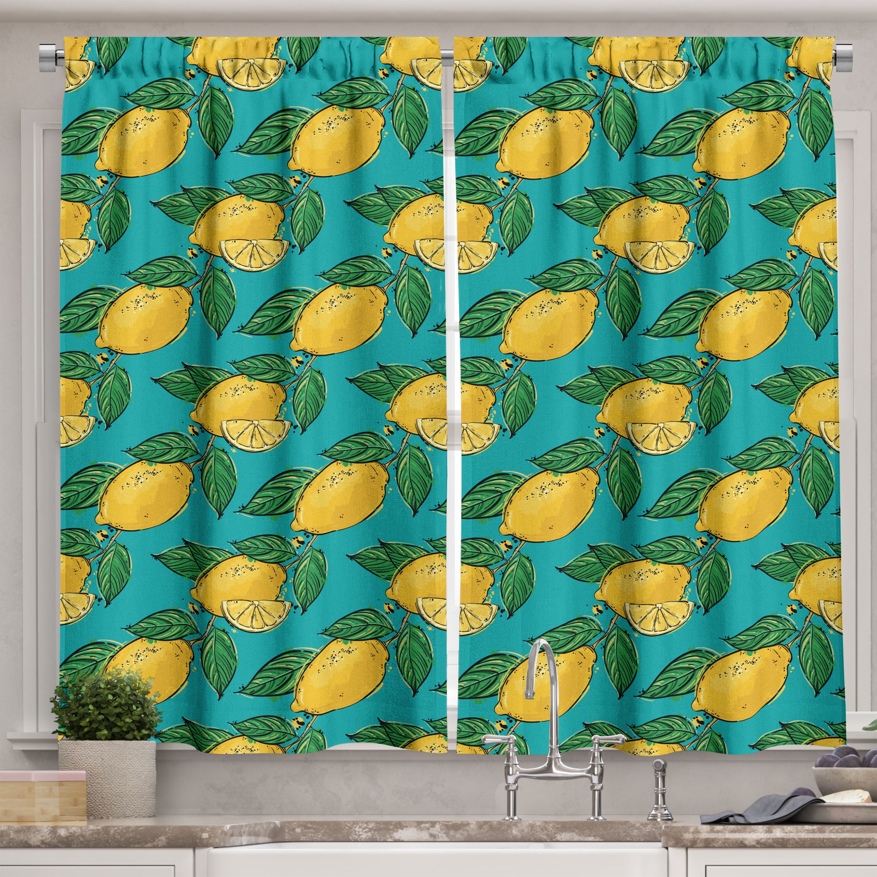 Ambesonne Fruit Kitchen Curtains, Hand Drawn Style Lemons Art, 55"x39 ...