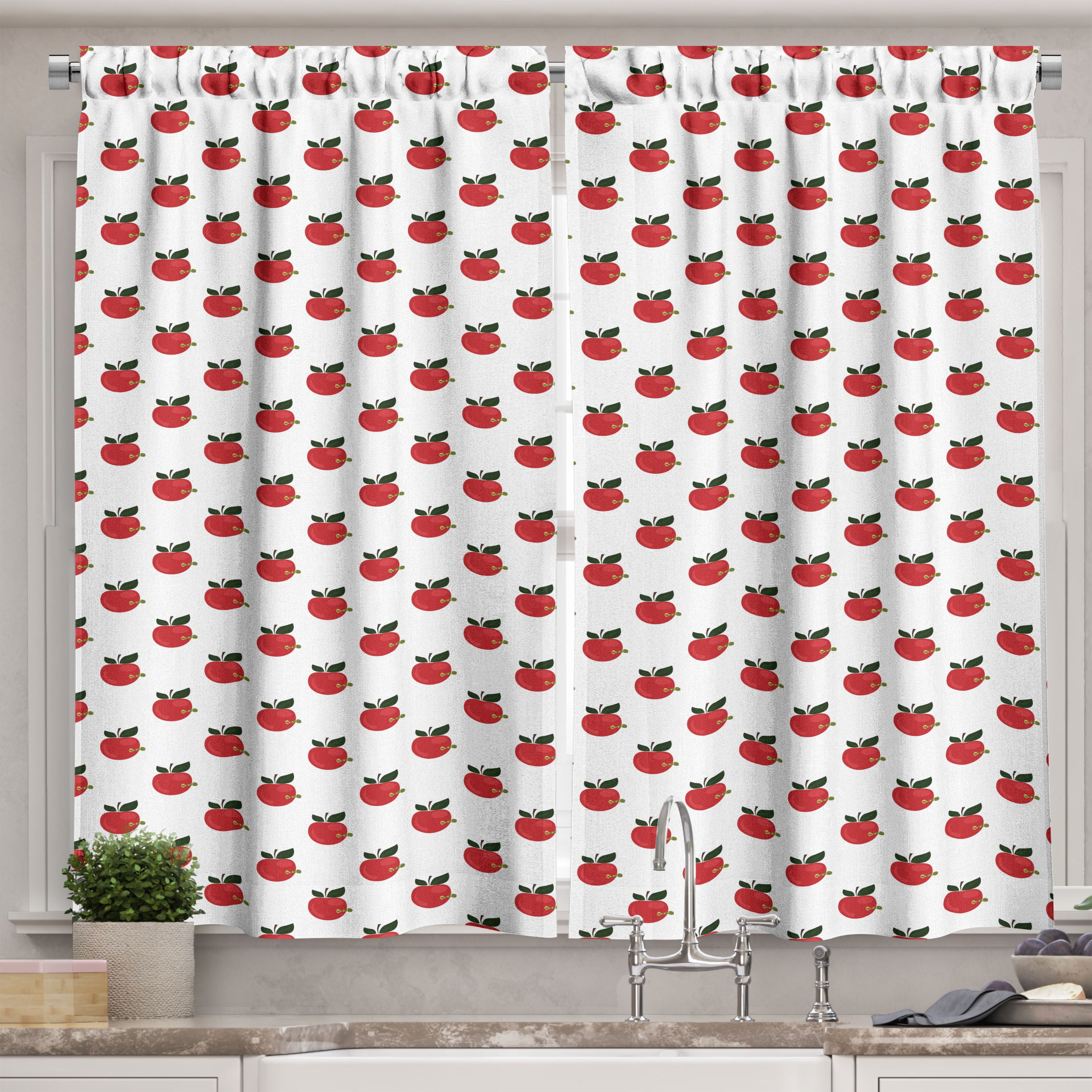 Ambesonne Fruits Kitchen Curtains, Comic Apples Worms, 55"x39", Olive ...