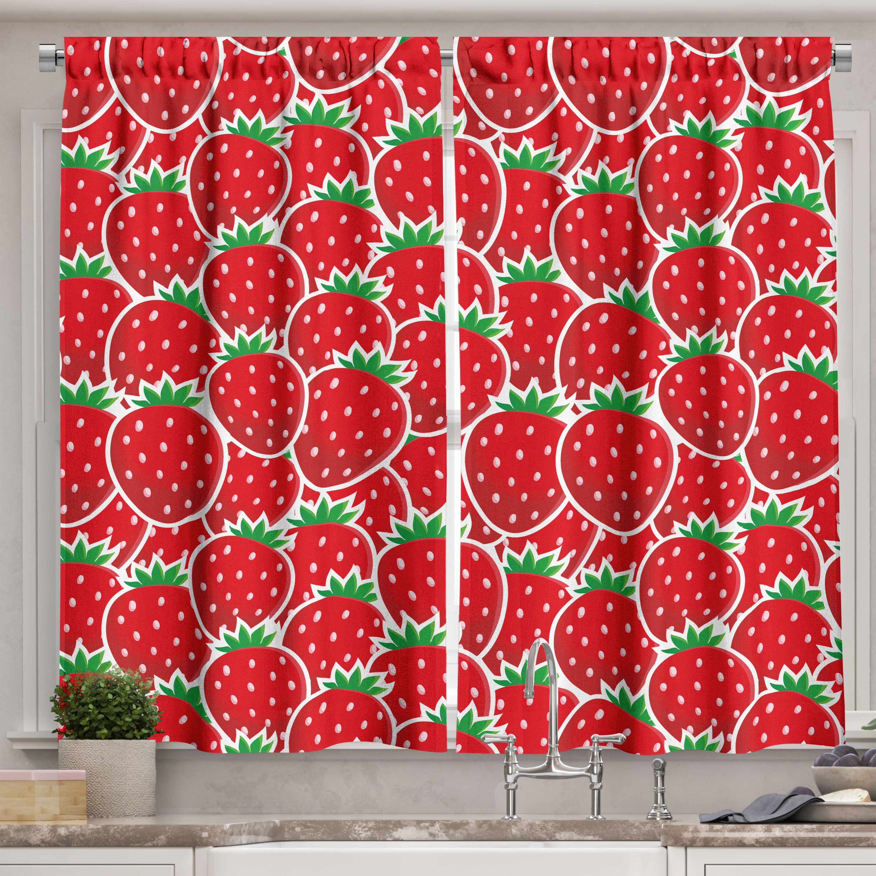 Ambesonne Fruits Kitchen Curtains, Yummy Strawberry Botany, 55"x39 ...