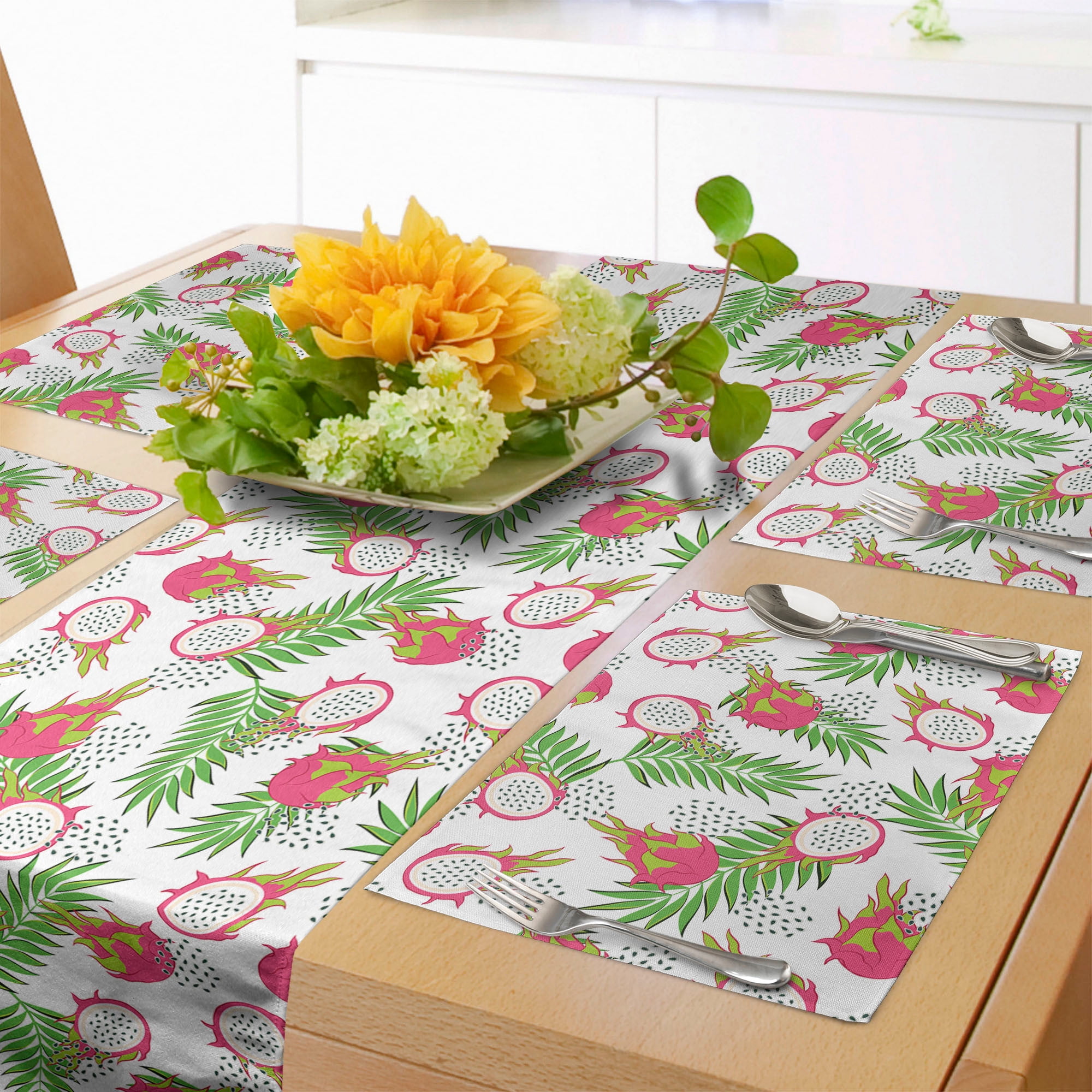 Ambesonne Fruits Table Runner & Placemats, Dragon Fruit Branches Leaf ...