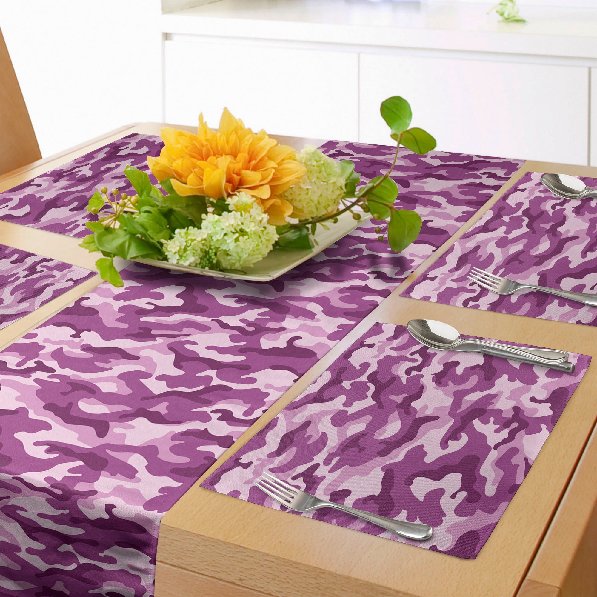 Ambesonne Fuchsia Table Runner & Placemats, Exotic Camouflage Pattern ...