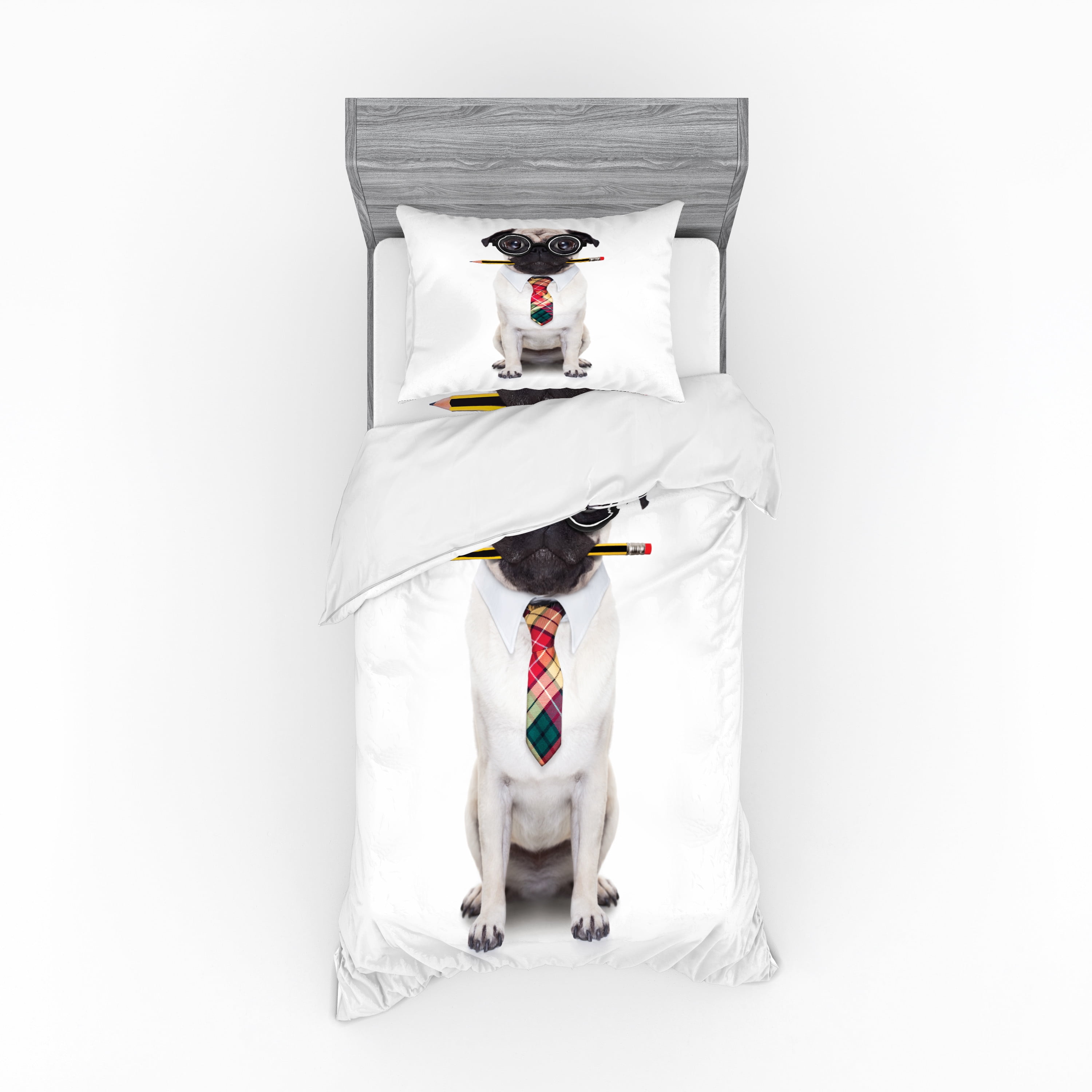 Ambesonne Funny Bedding Set 3 Pcs, Nerdy Pug Dog Tie and Pen, Twin XL ...