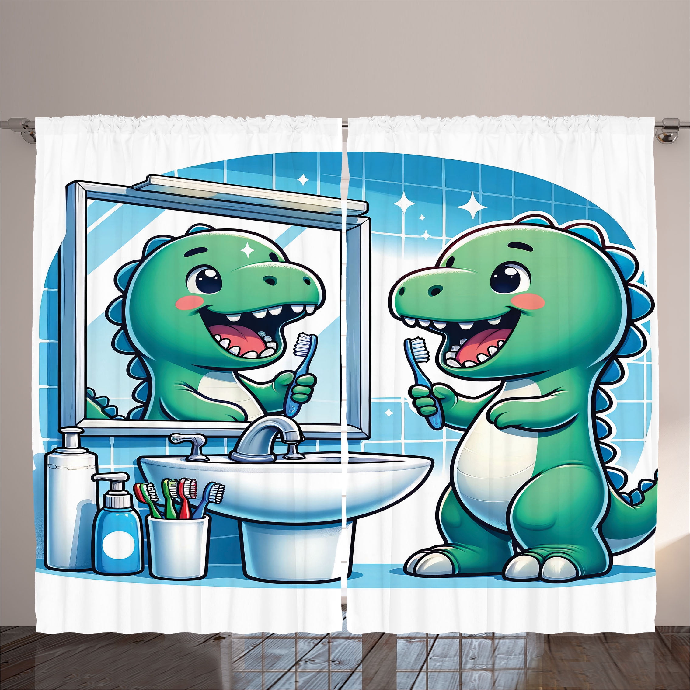 Ambesonne Funny Curtains 2 Panel Set, Dino Brushing Teeth Cartoon, 108 ...