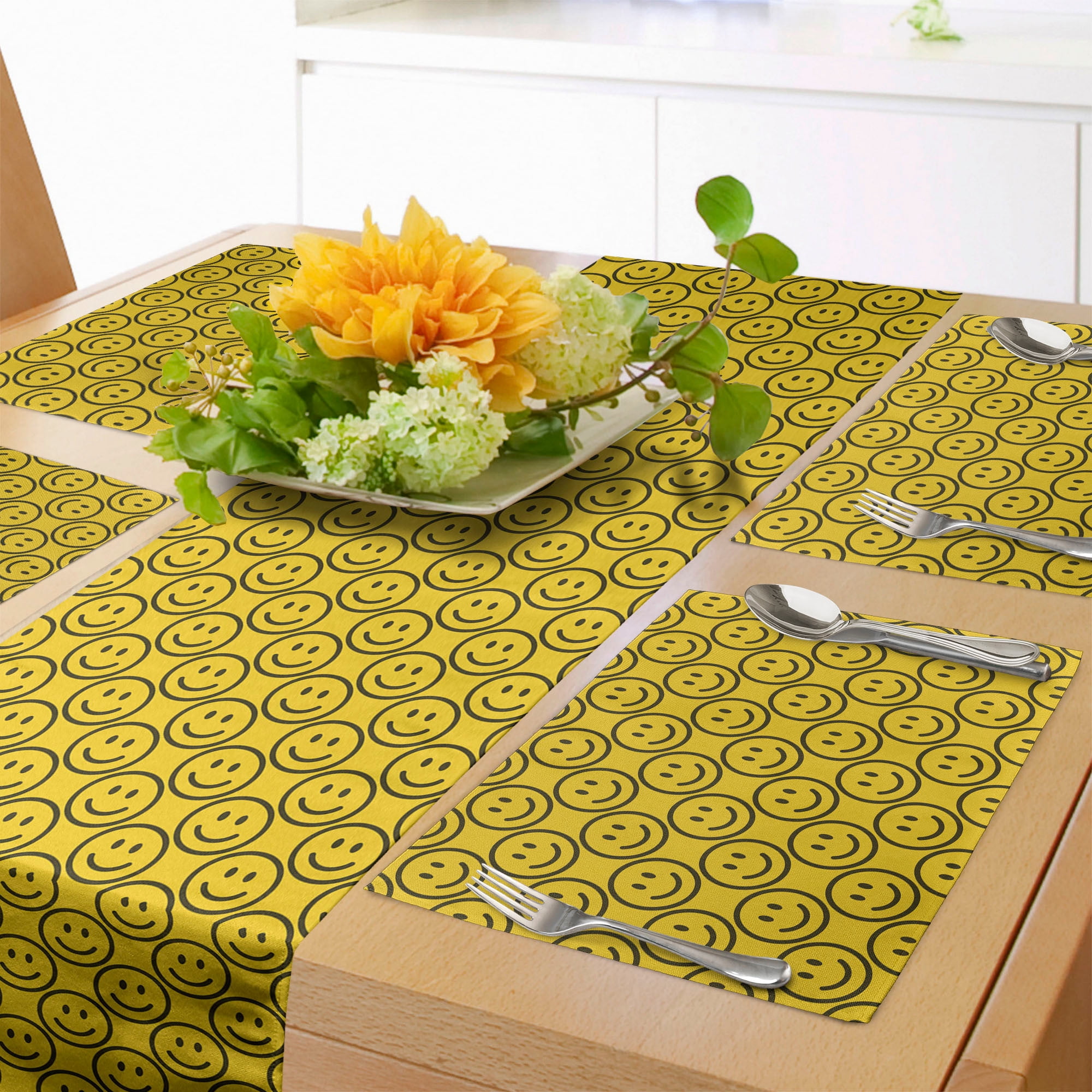 Ambesonne Funny Faces Table Runner & Placemats, Art Smiling Characters ...
