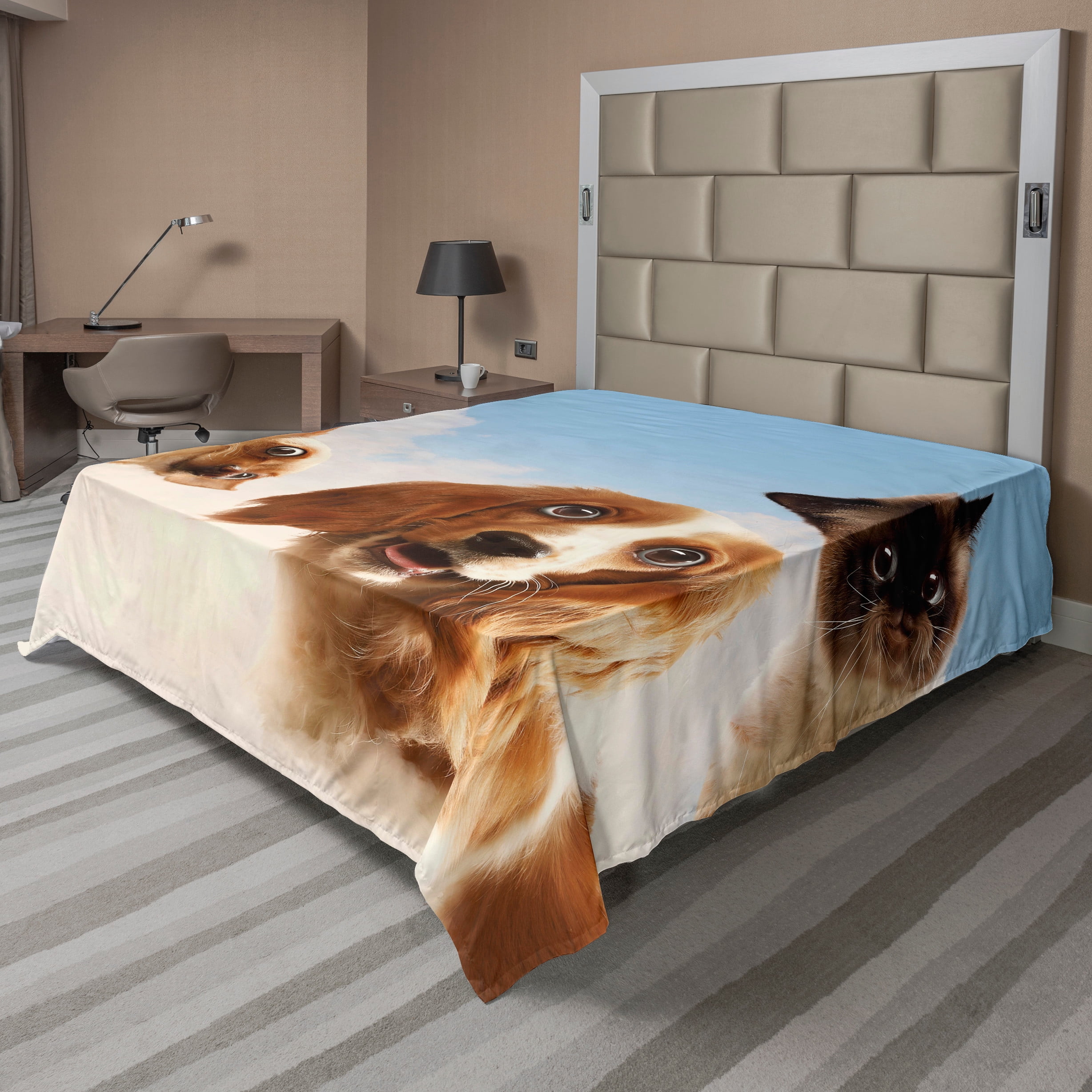 Ambesonne Funny Flat Sheet, Cats Dogs in Sky Clouds, Full Size ...