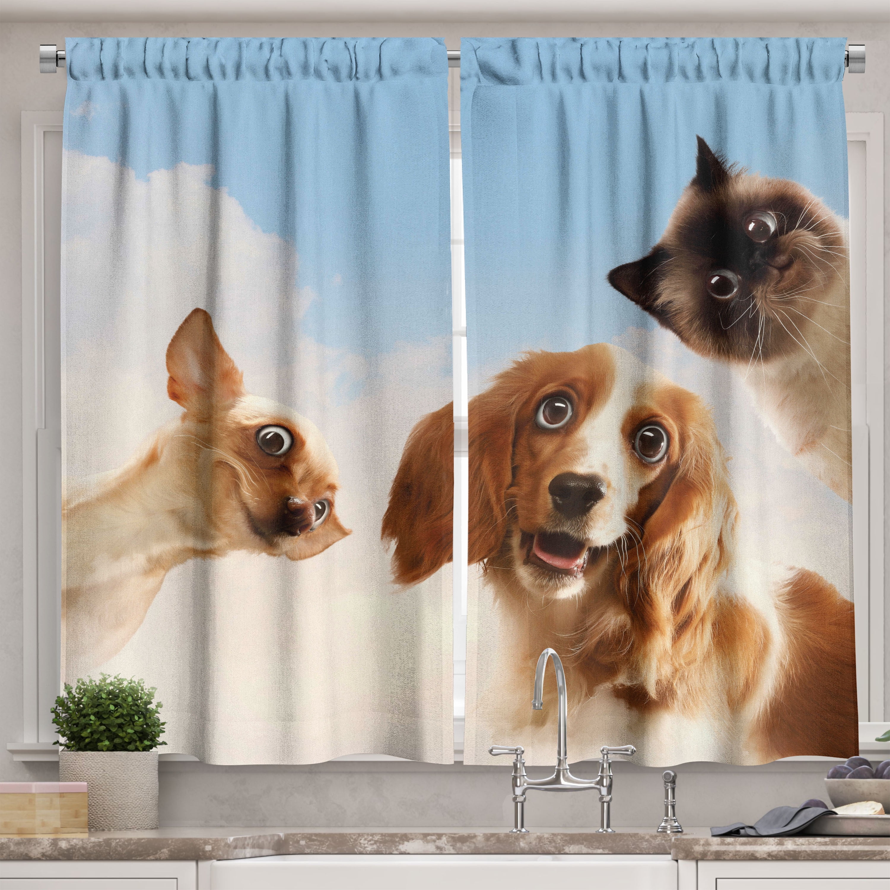 Ambesonne Funny Kitchen Curtains, Cats Dogs in Sky Clouds, 55"x39 ...