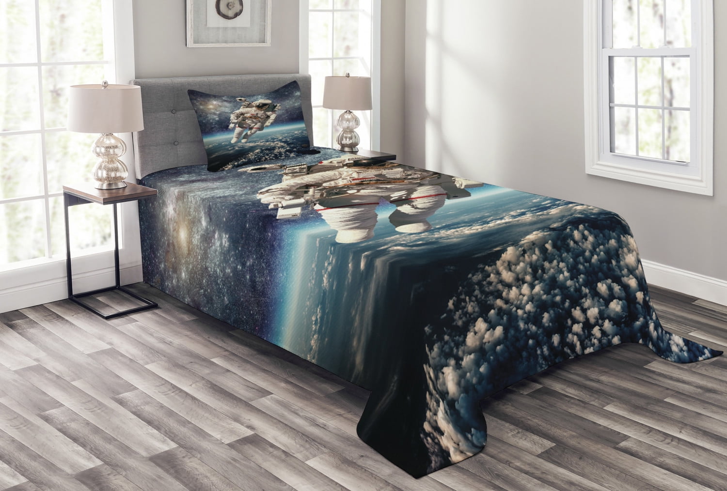 Ambesonne Galaxy Quilted Bedspread Set 2 Pcs, Astronaut Floats Outer ...