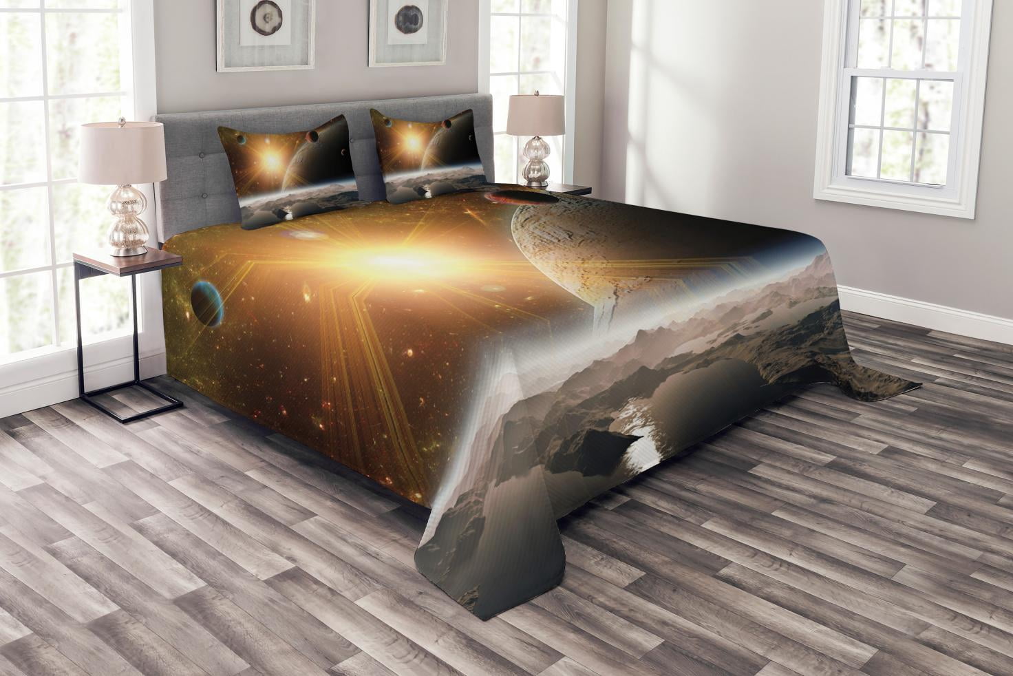 Ambesonne Galaxy Quilted Bedspread Set 3 Pcs, Moons Universe Earth ...