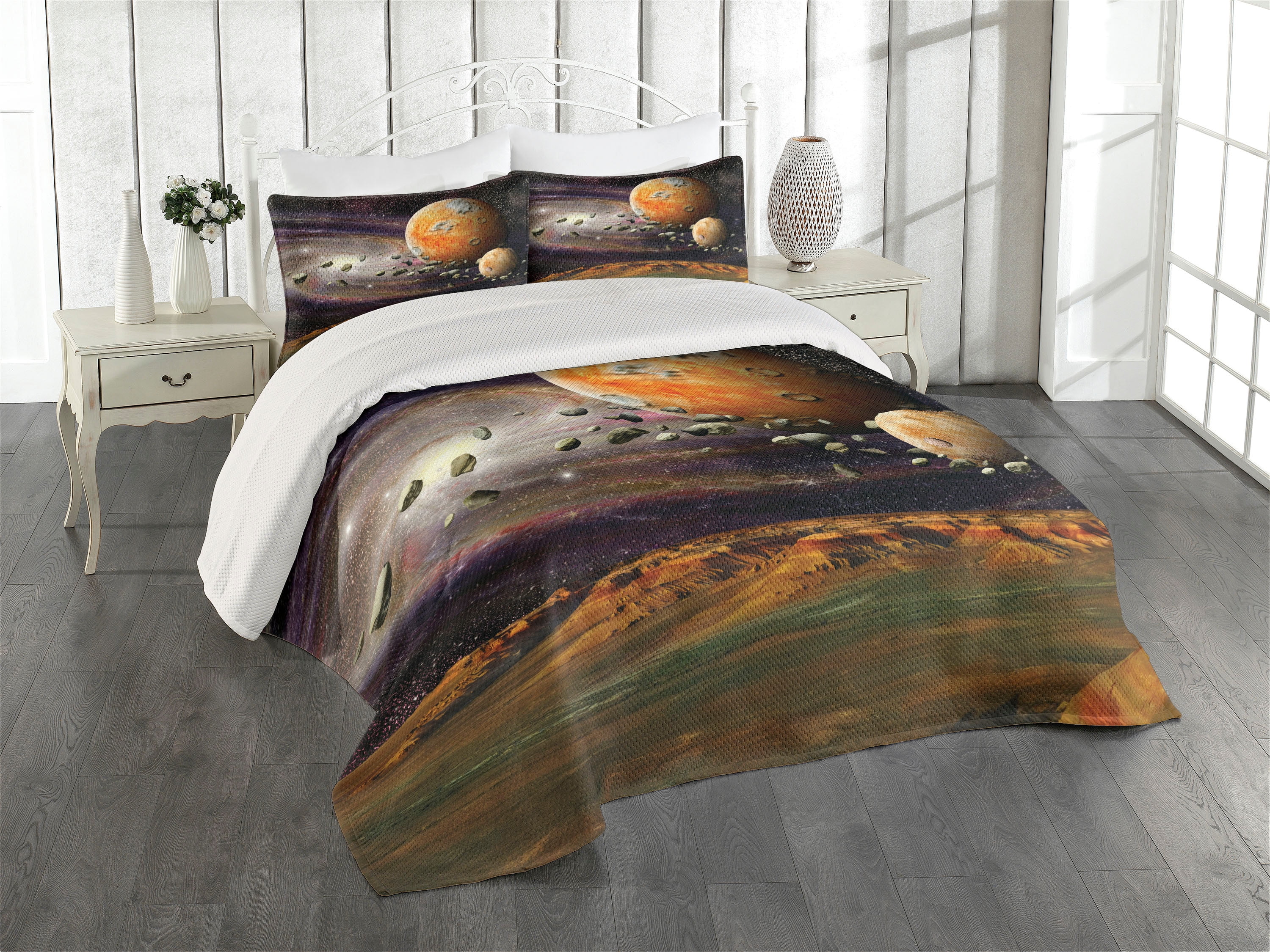 Ambesonne Galaxy Quilted Coverlet 3 Pcs, Universe Space Planets, Queen ...