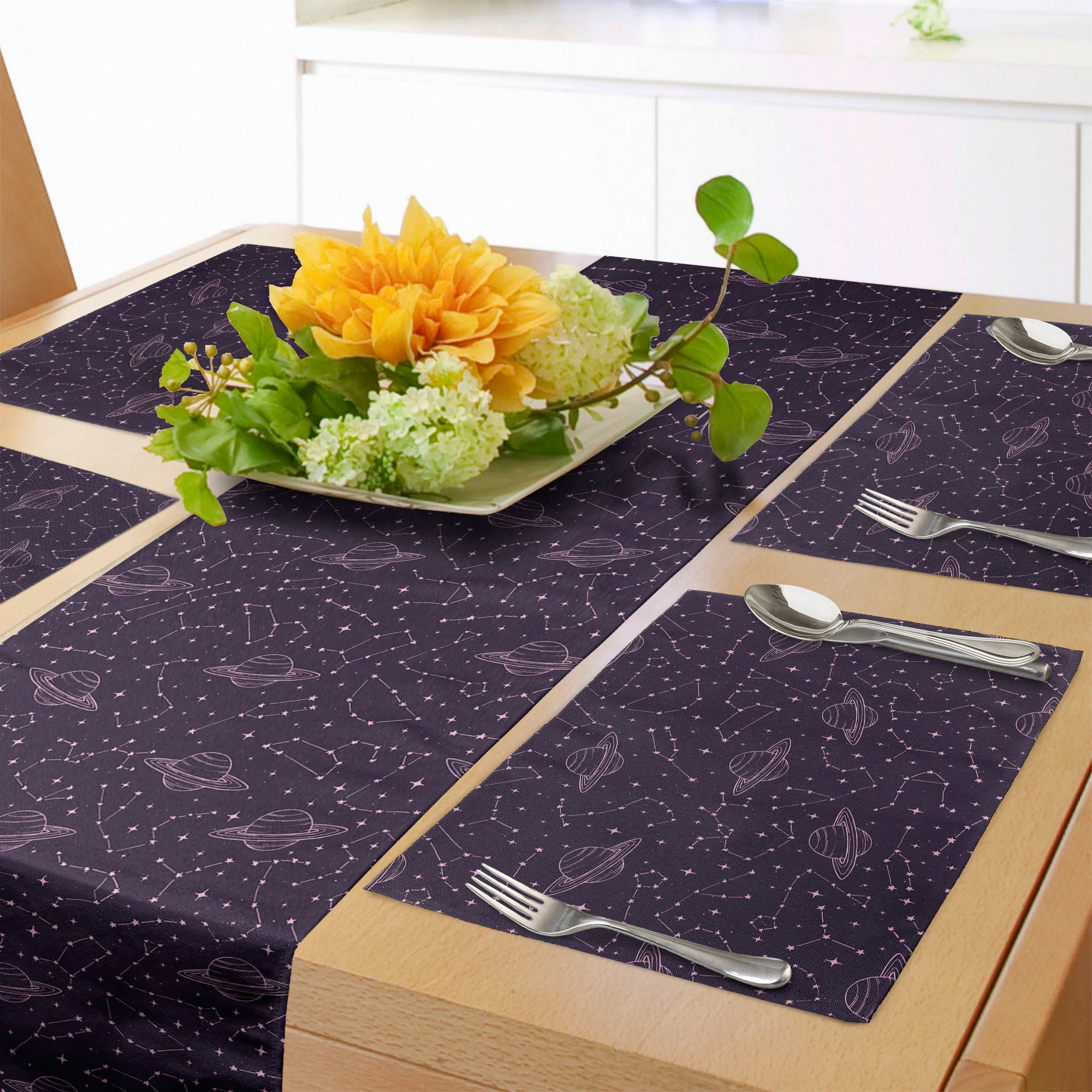 Ambesonne Galaxy Table Runner & Placemats, Zodiac Planets Cosmic Libra ...