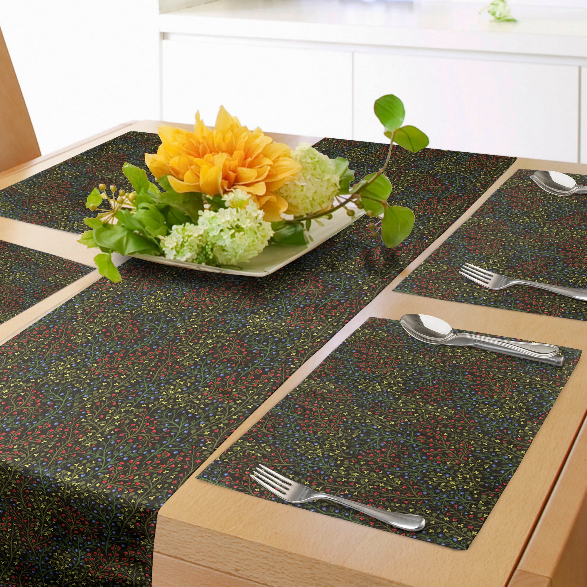 Ambesonne Garden Art Table Runner & Placemats, Wildlife of Forest ...