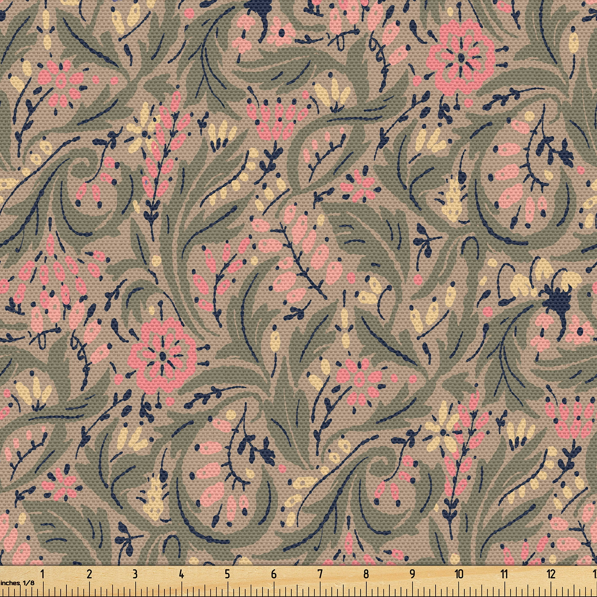 Ambesonne Garden Fabric by the Yard Upholstery, Botanical Theme Retro ...