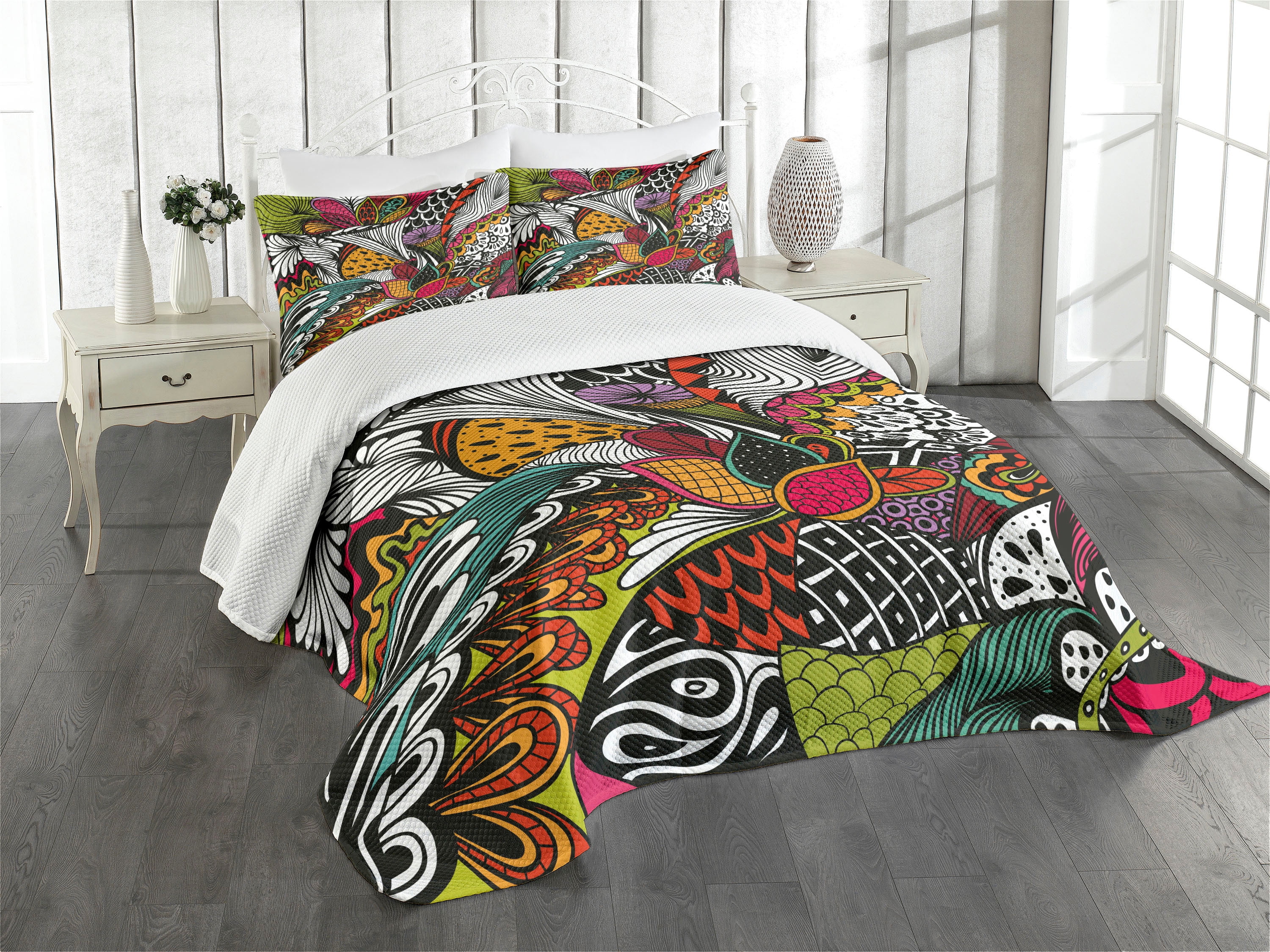 Ambesonne Garden Quilted Bedspread Set 3 Pcs, Colorful Ornate Leaves ...