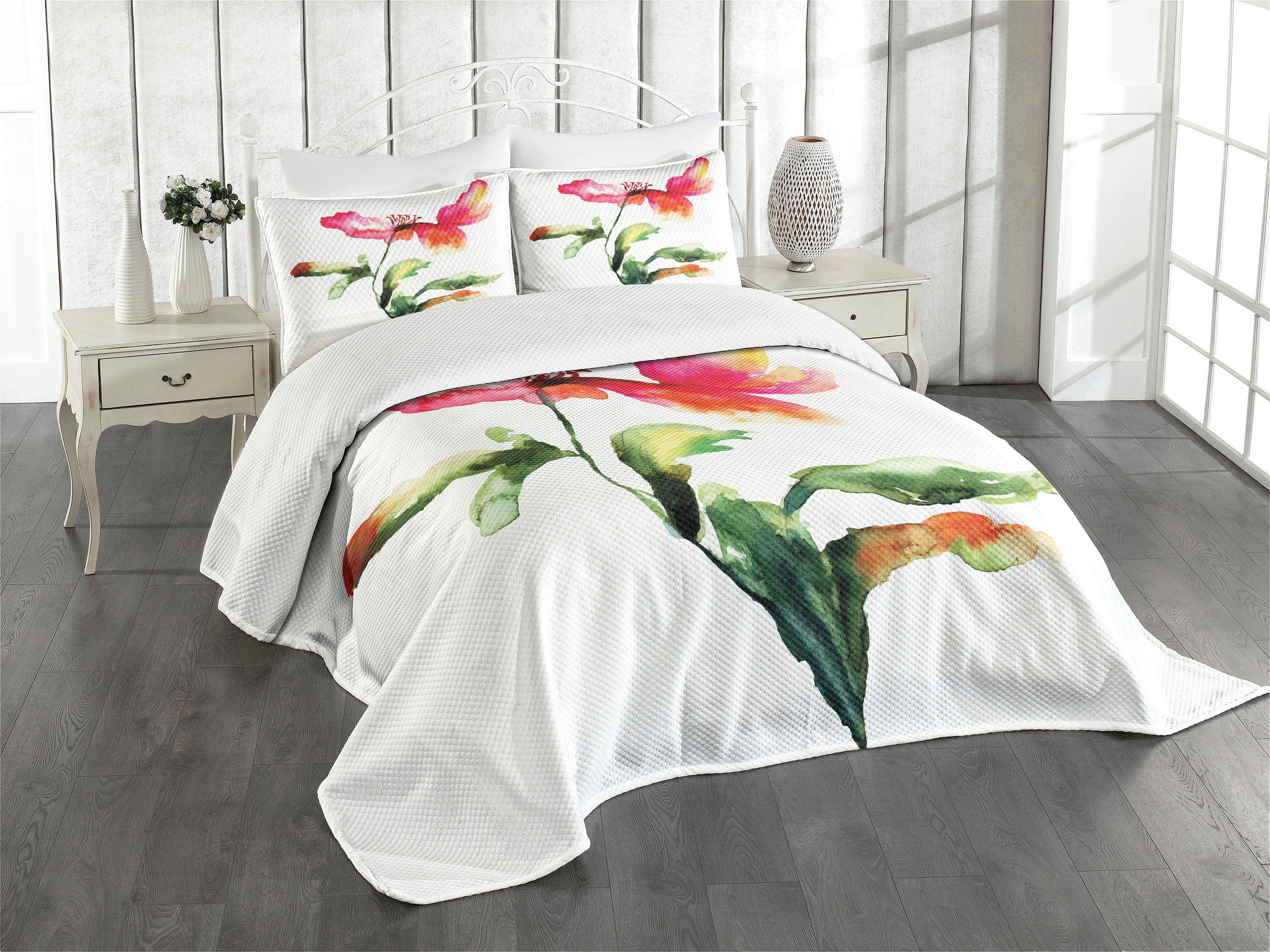 Ambesonne Garden Quilted Bedspread Set 3 Pcs, Flowering Poppy, King ...