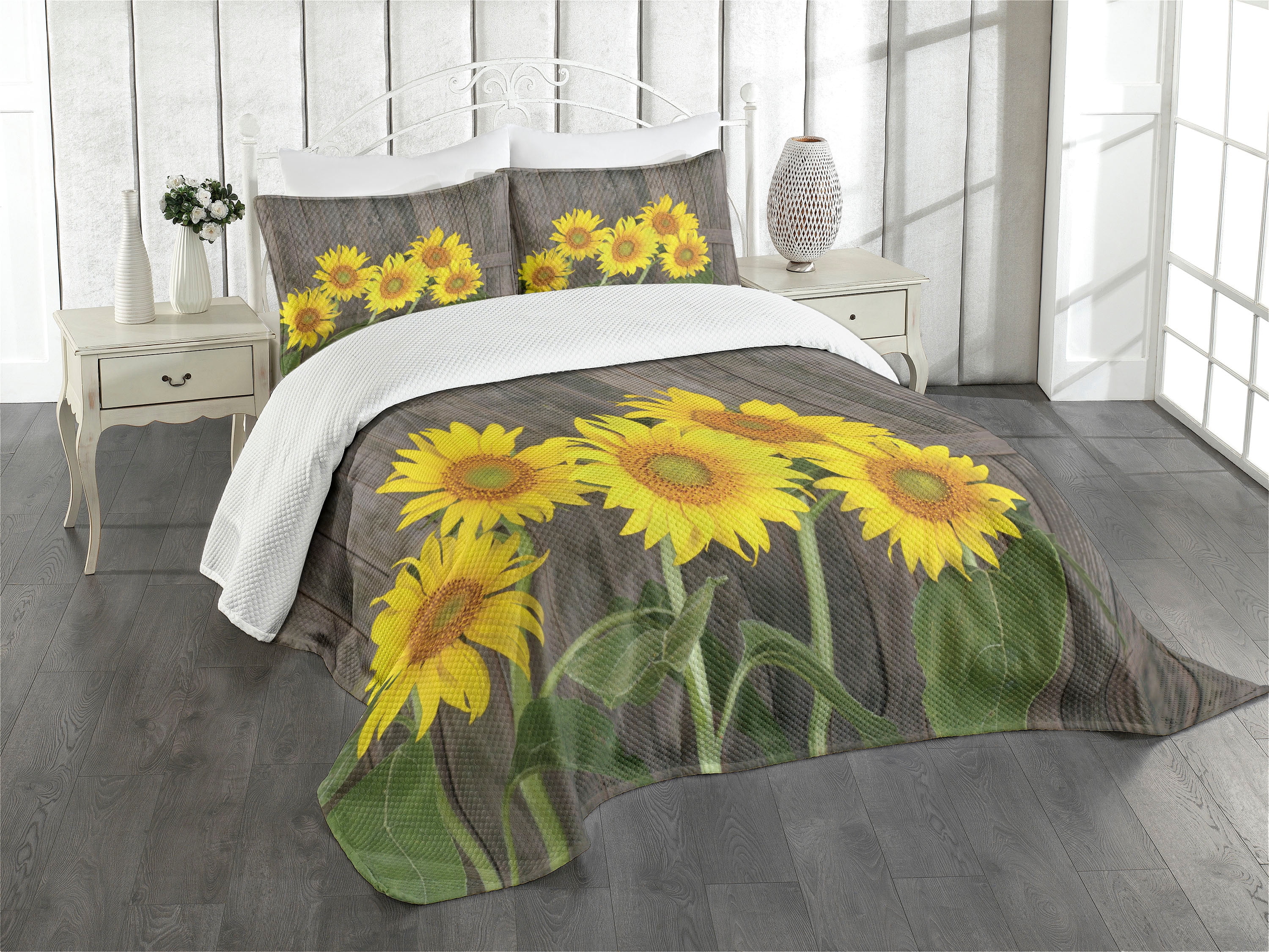 Ambesonne Garden Quilted Bedspread Set 3 Pcs, Helianthus Sunflowers ...