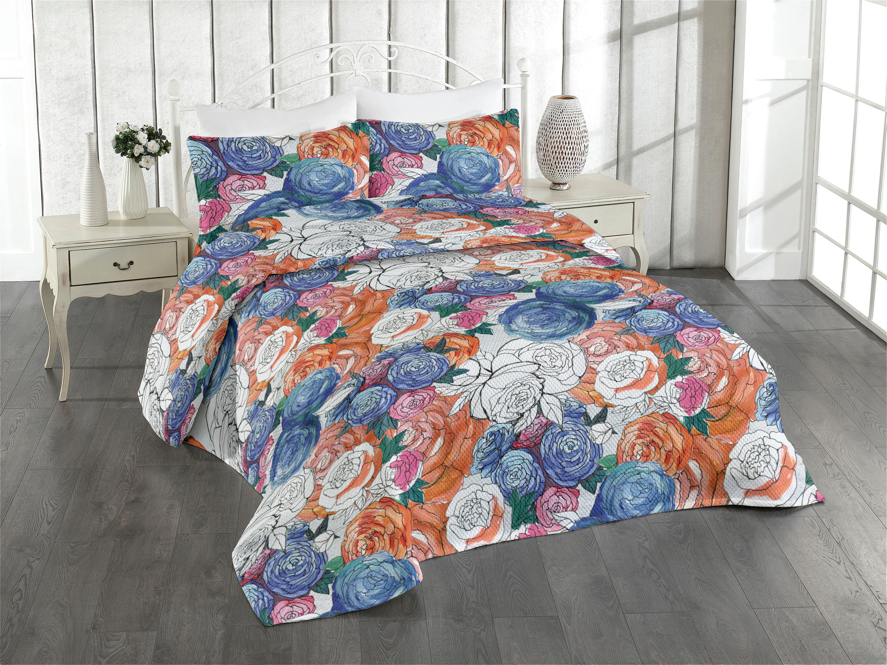 Ambesonne Garden Quilted Bedspread Set 3 Pcs, Sketchy Roses Hand-Drawn ...