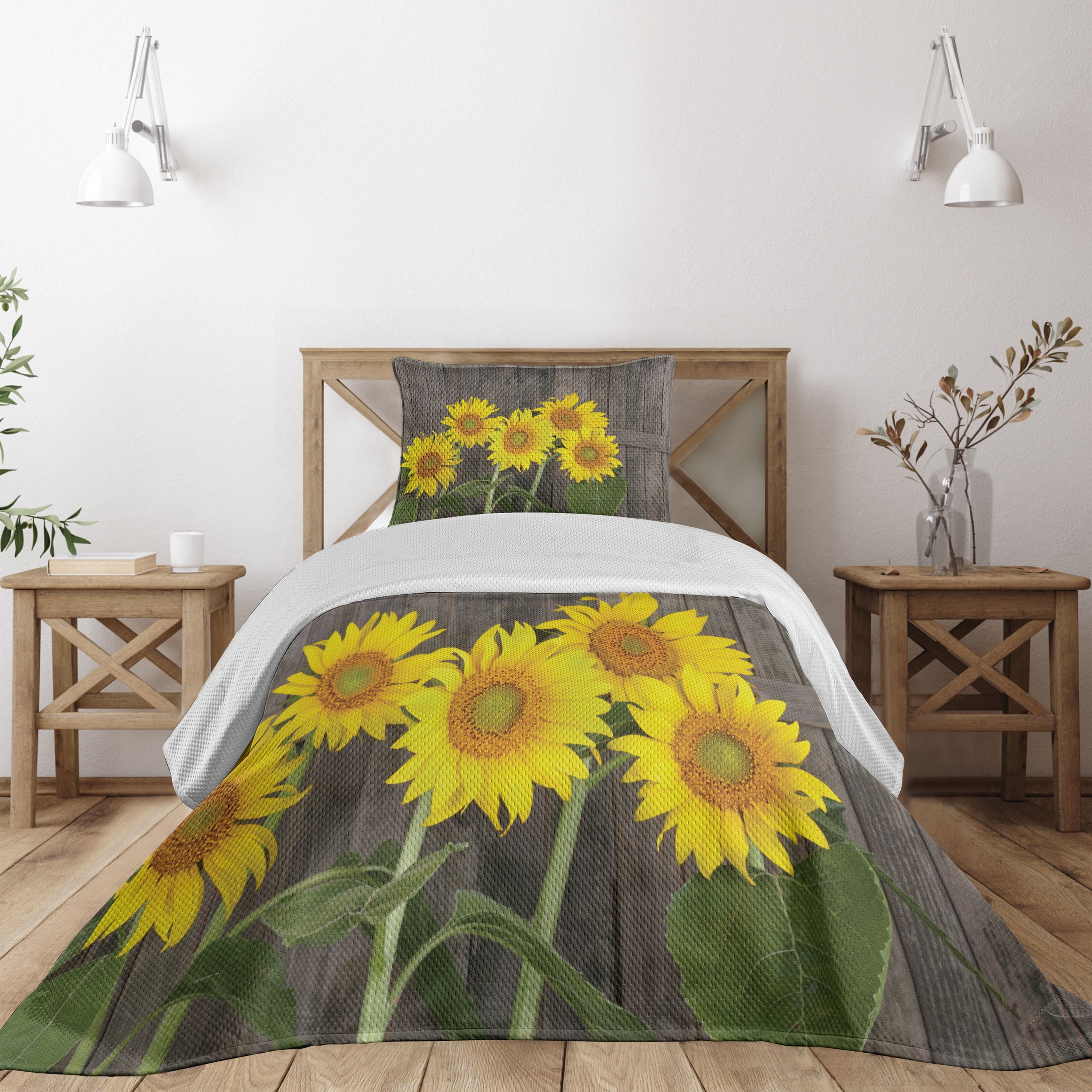 Ambesonne Garden Quilted Coverlet 2 Pcs, Helianthus Sunflowers, Twin ...
