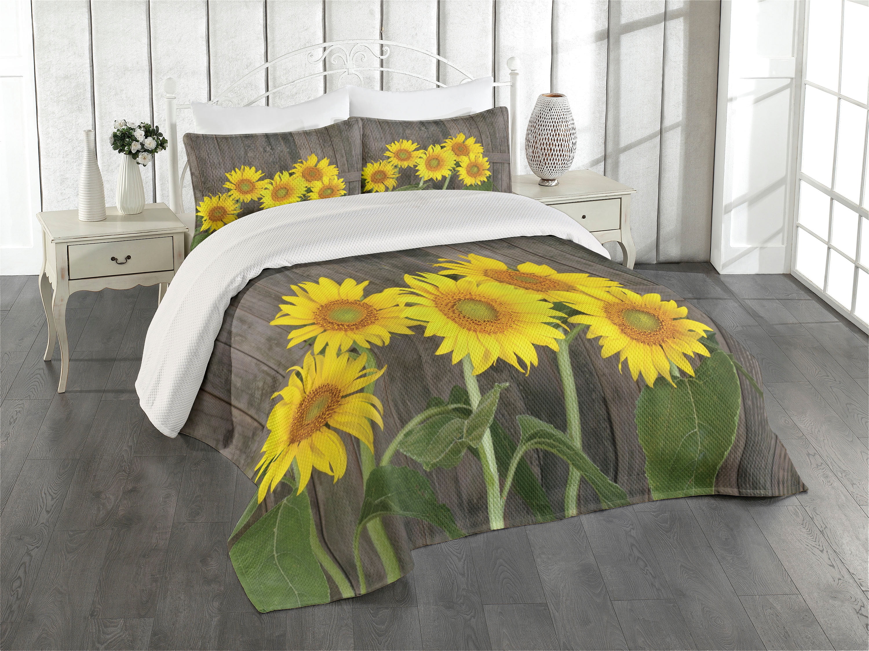 Ambesonne Garden Quilted Coverlet 3 Pcs, Helianthus Sunflowers, King ...