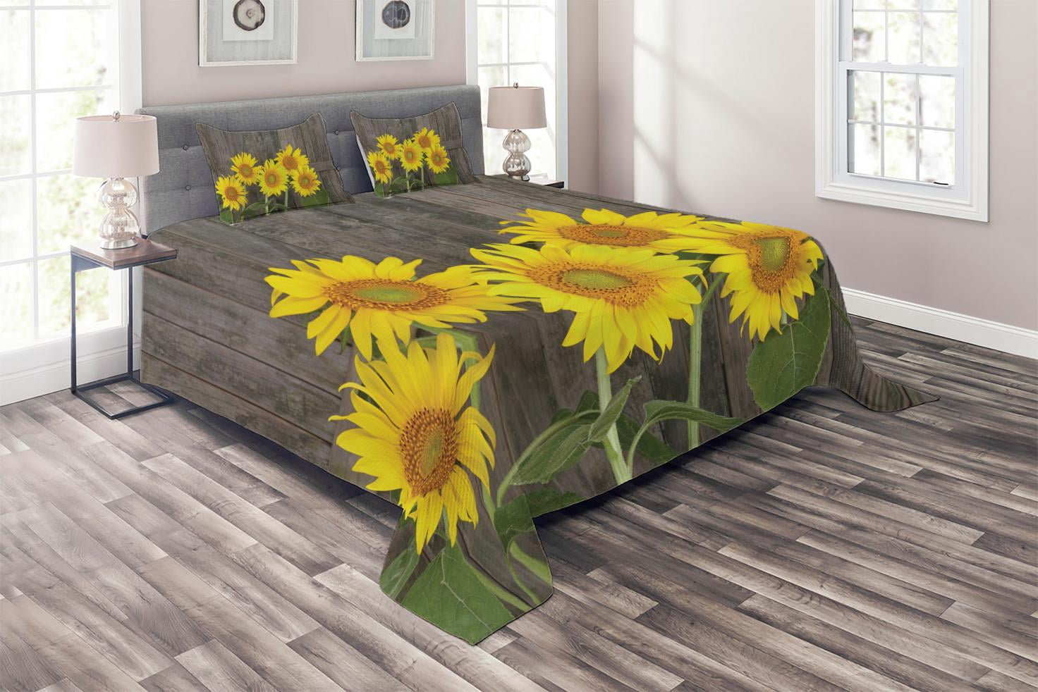 Ambesonne Garden Quilted Coverlet 3 Pcs, Helianthus Sunflowers, Queen ...