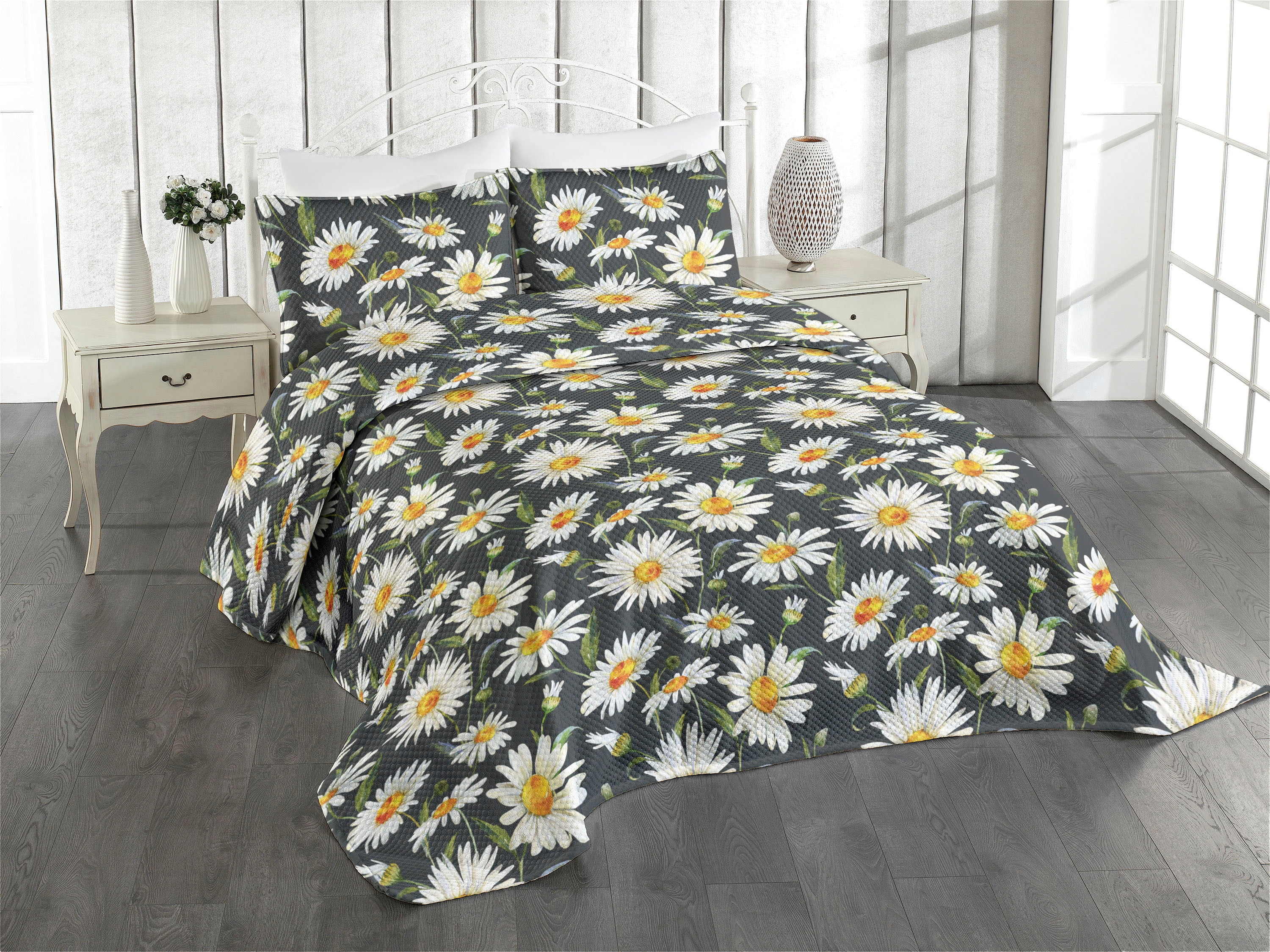 Ambesonne Garden Quilted Coverlet 3 Pcs, Watercolor Sunflowers Plot ...