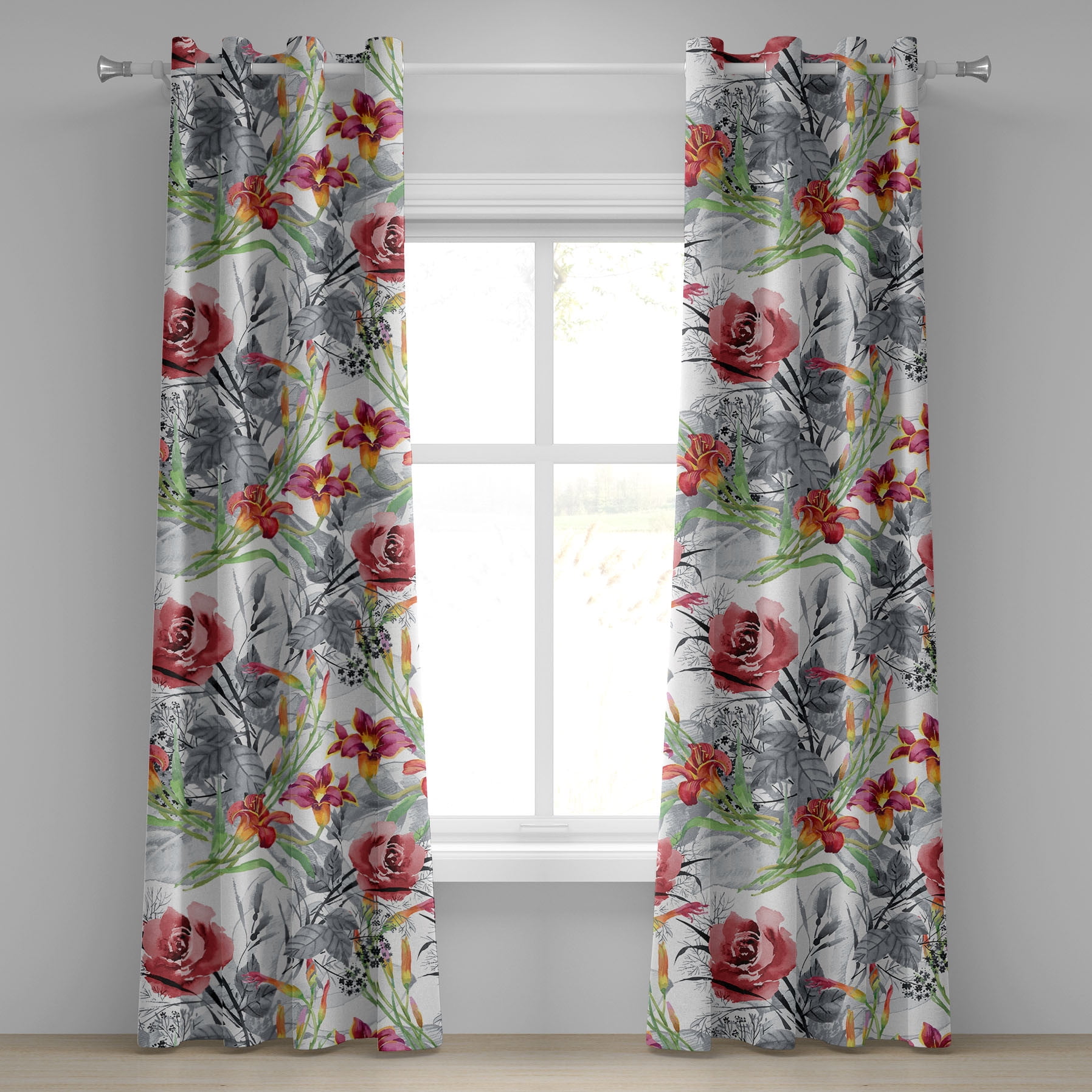 Ambesonne Garden Scene Grommet Curtain, Boho Botany Floral Art, 50"x96", Pale Ruby Fern Green ...