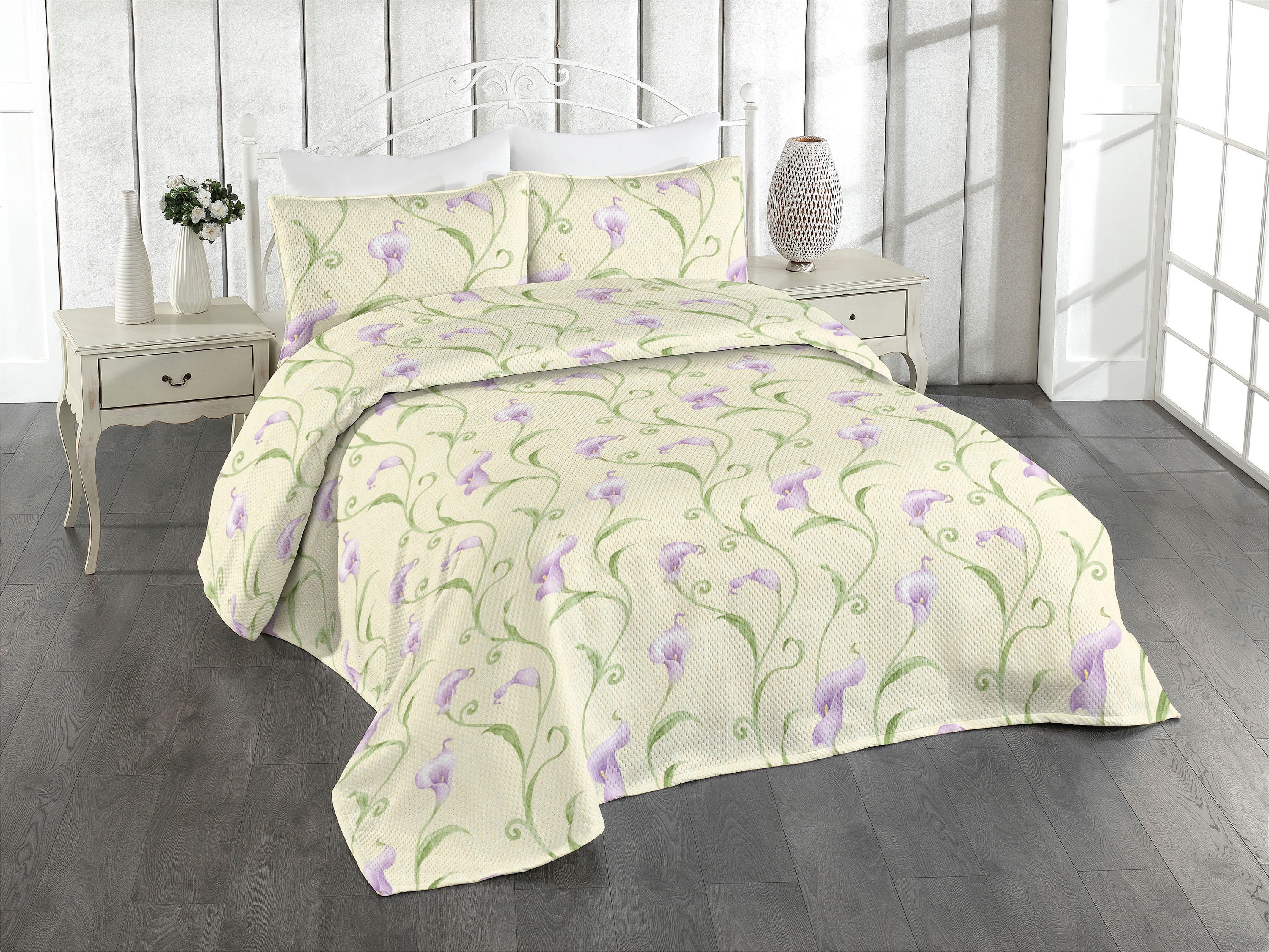 Ambesonne Garden Scene Quilted Bedspread Set 3 Pcs, Lavender Soft ...