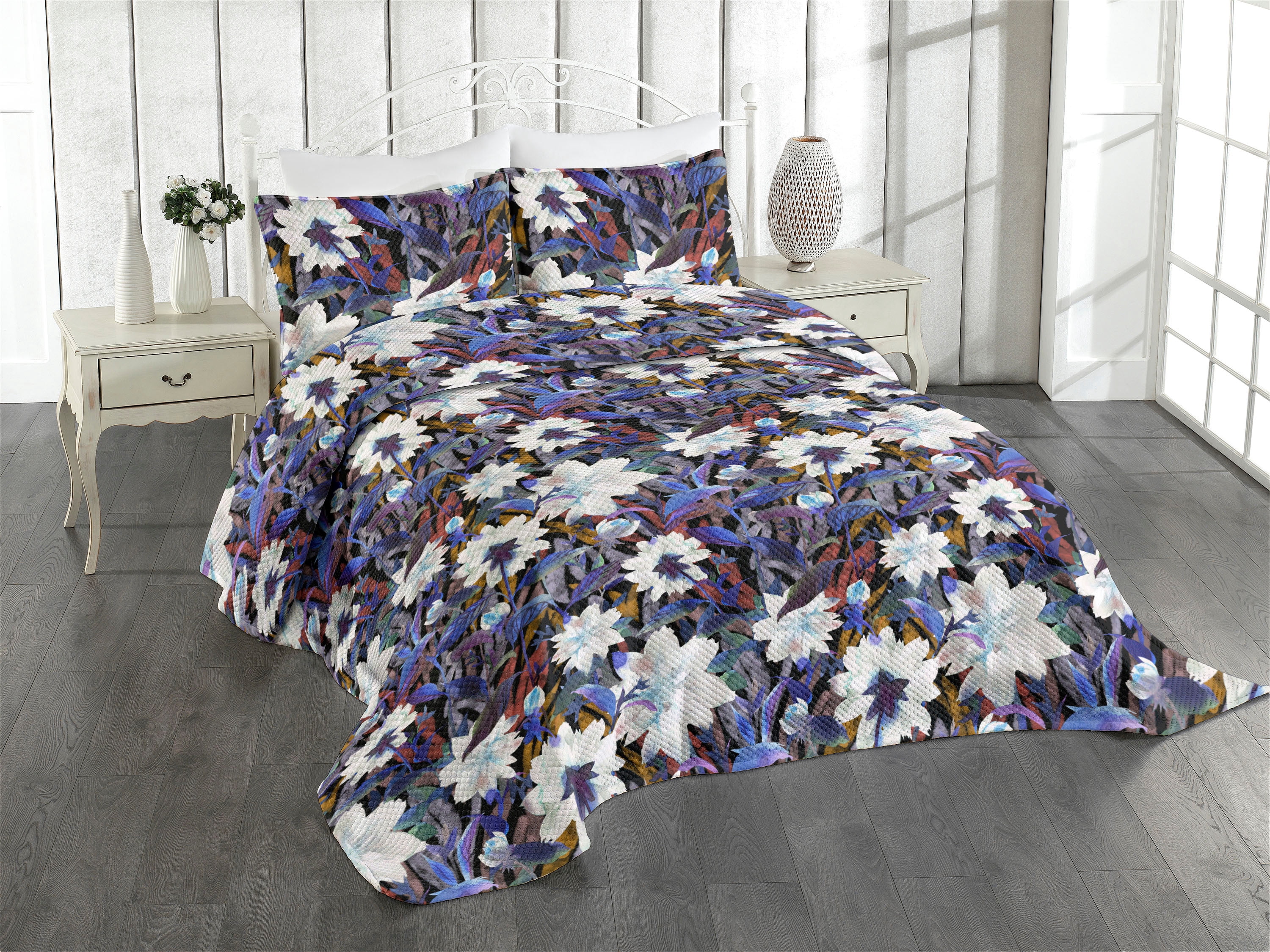 Ambesonne Garden Scene Quilted Coverlet 3 Pcs, Watercolor Buds Stems ...