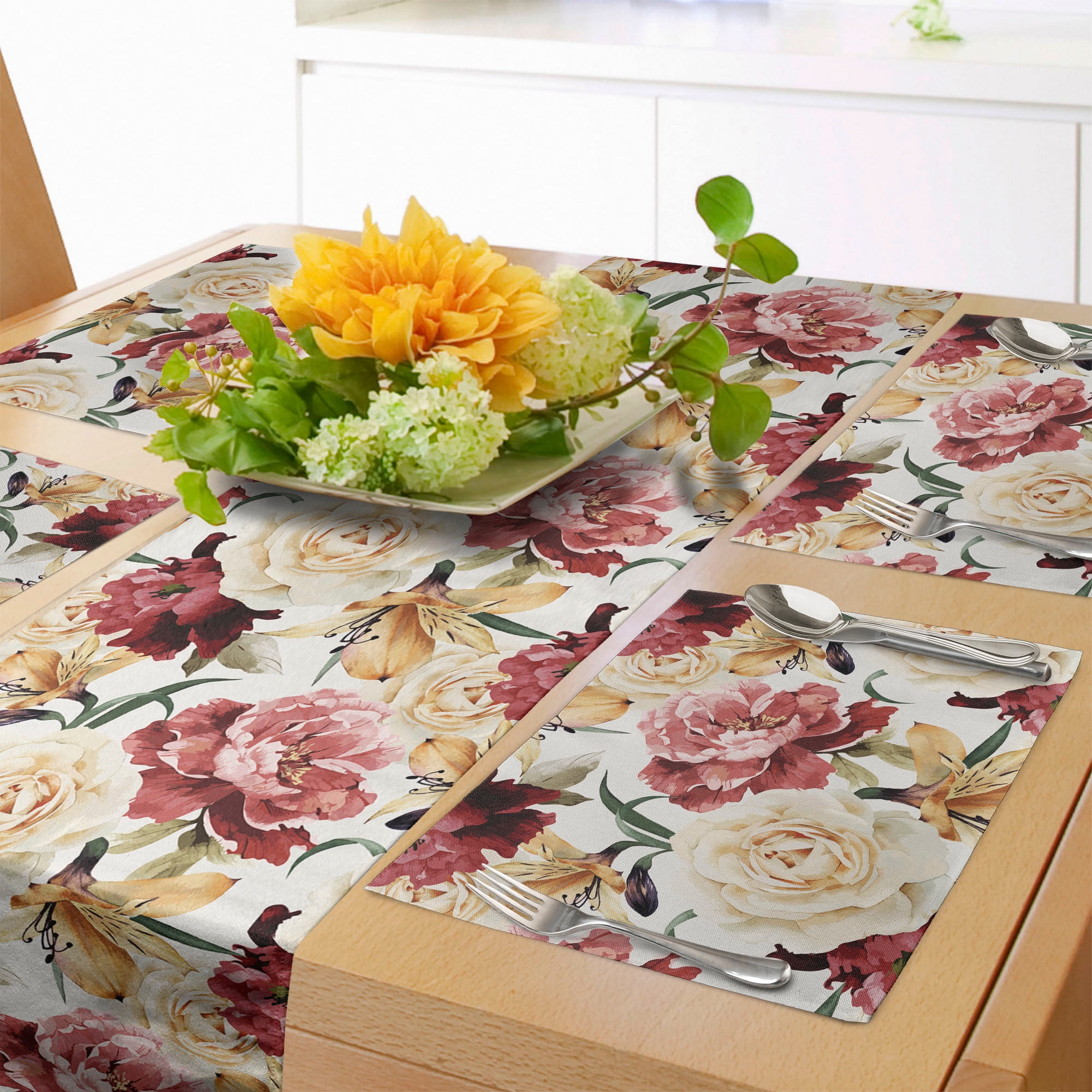 Ambesonne Garden Table Runner & Placemats, Watercolor Roses Peonies ...