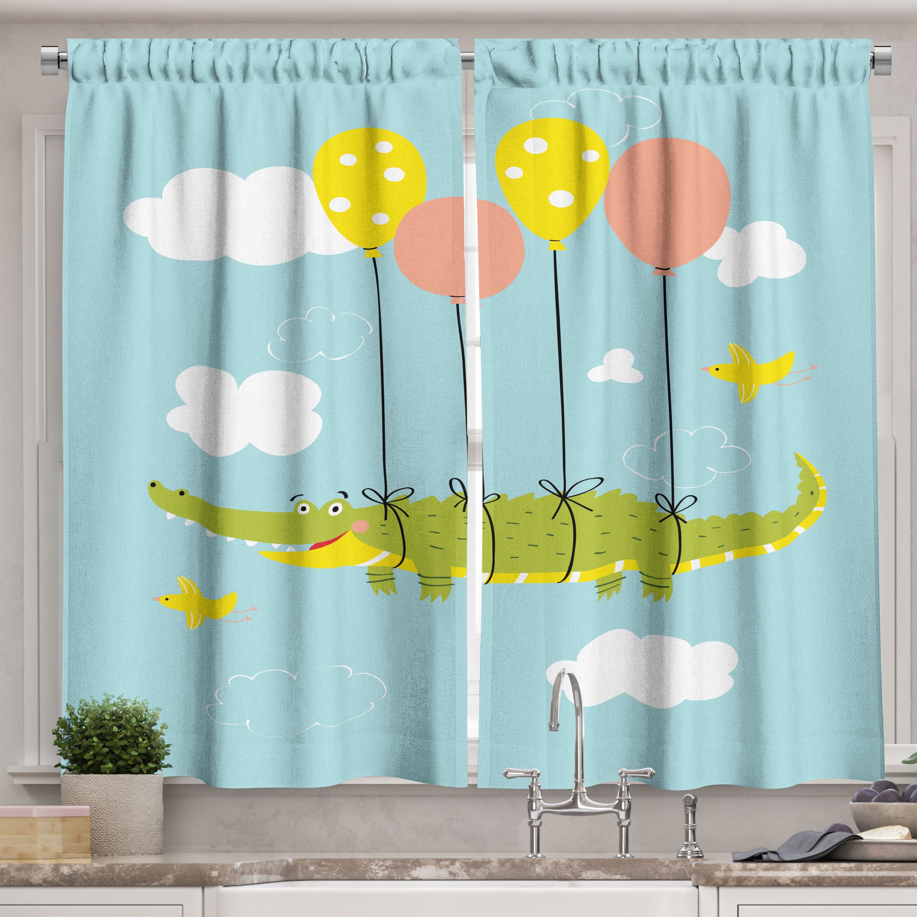 Ambesonne Gator Kitchen Curtains, Flying Crocodile with Balloon, 55"x39 ...