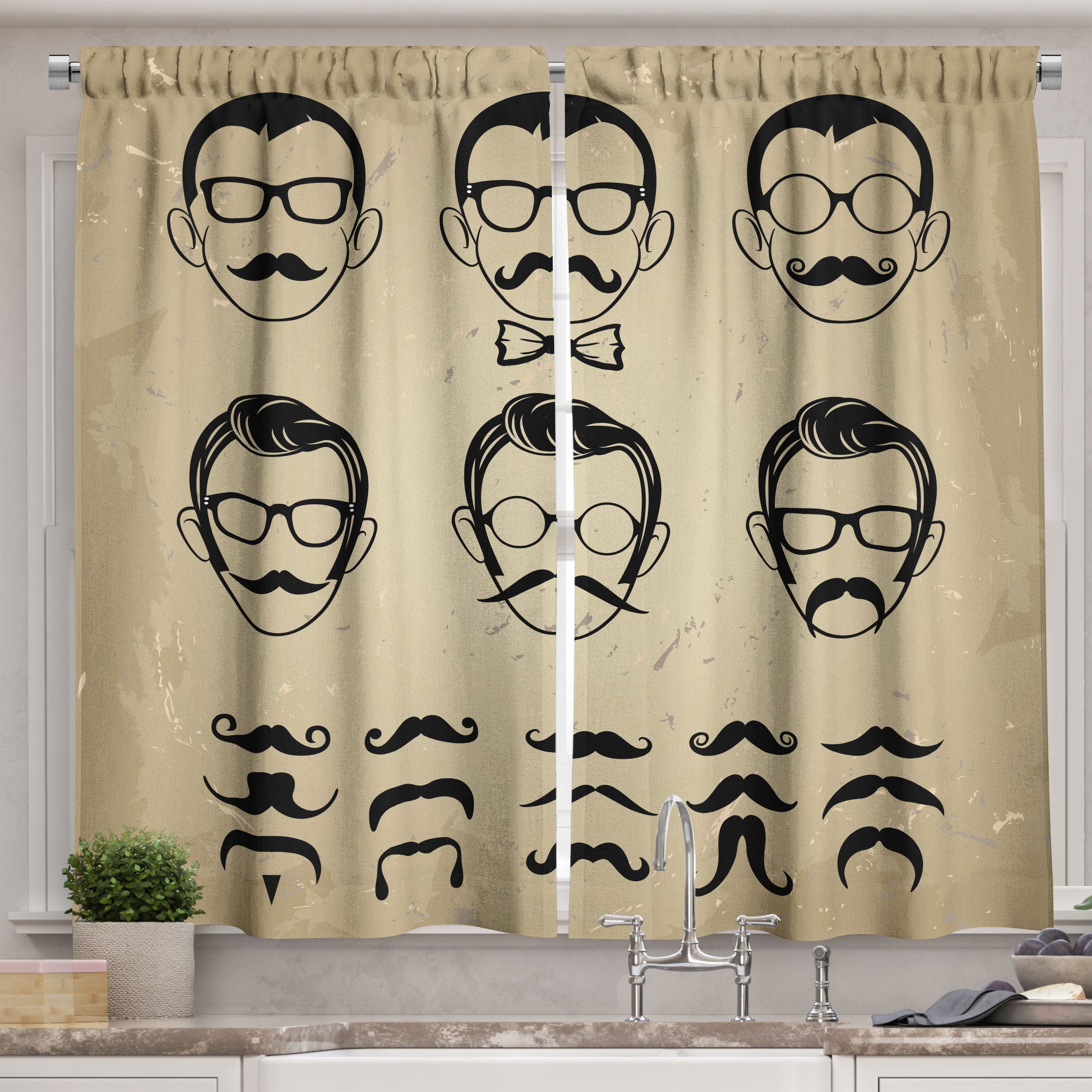 Ambesonne Geek Kitchen Curtains, Male Face Moustache Hair, 55"x39 ...