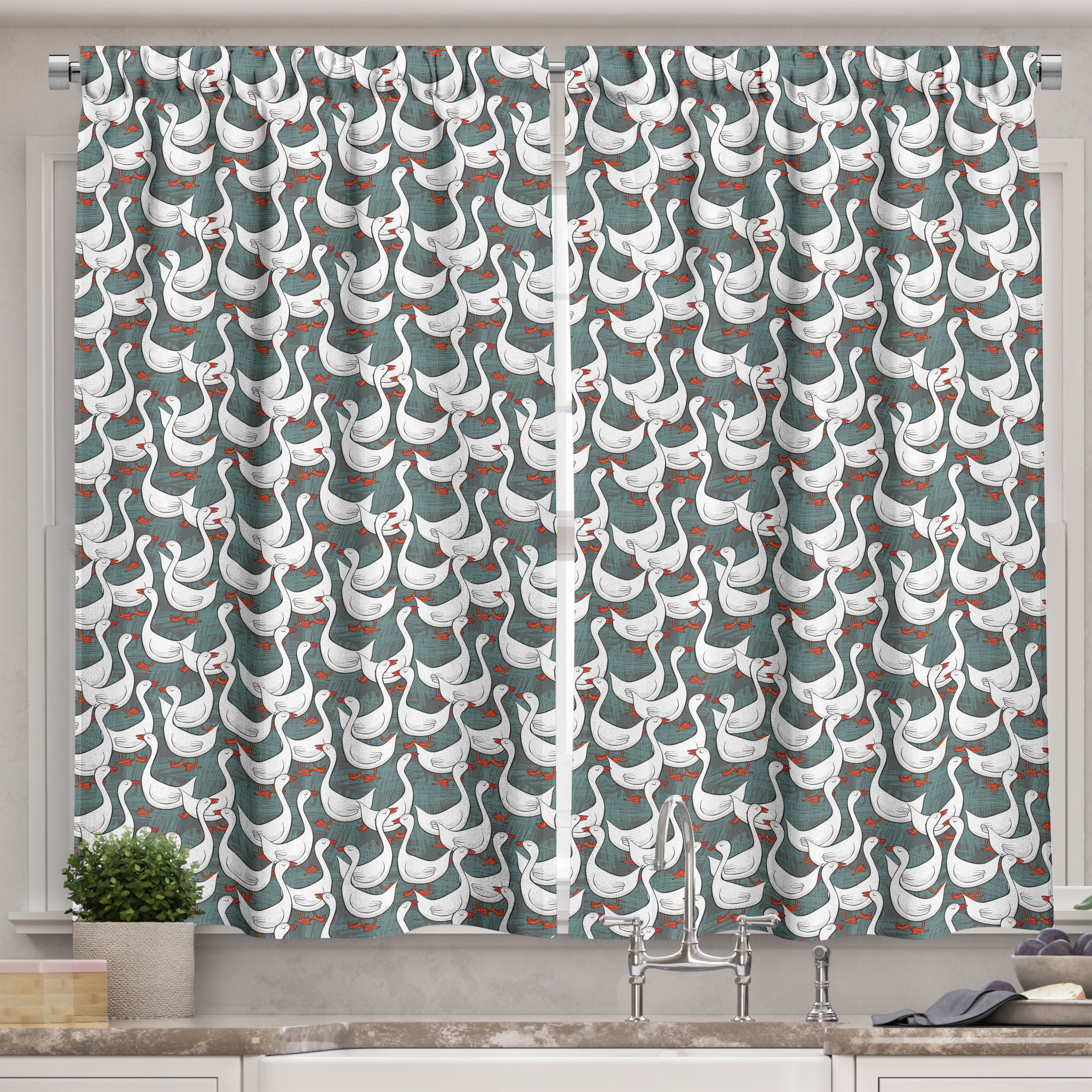 Ambesonne Geese Kitchen Curtains, Happy White Birds on Free, 55"x45 ...