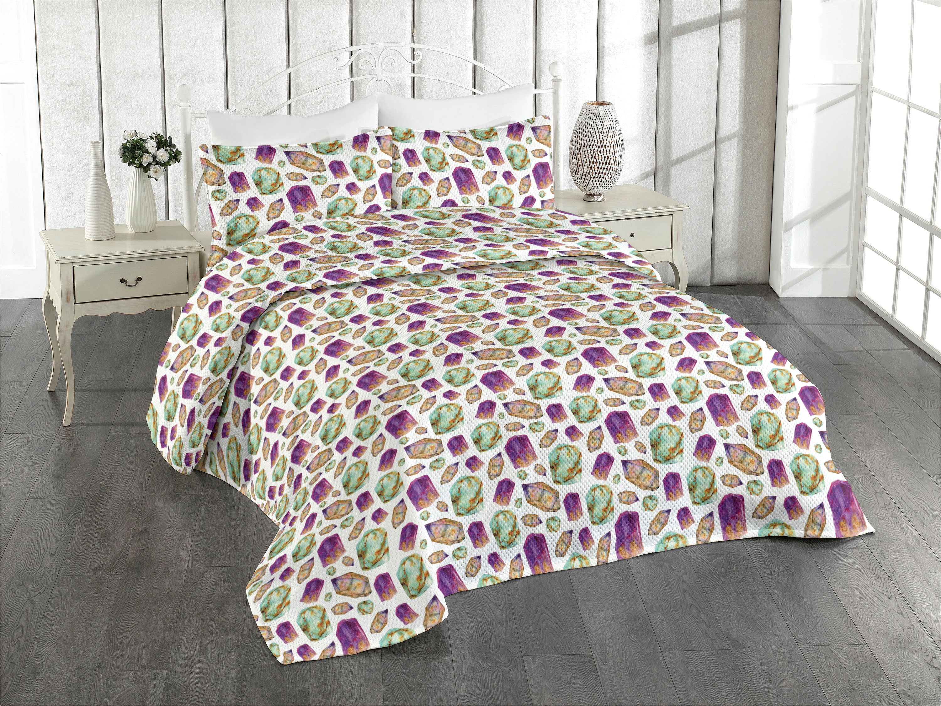 Ambesonne Gemstone Print Quilted Bedspread Set 3 Pcs, Nature Boho Print ...