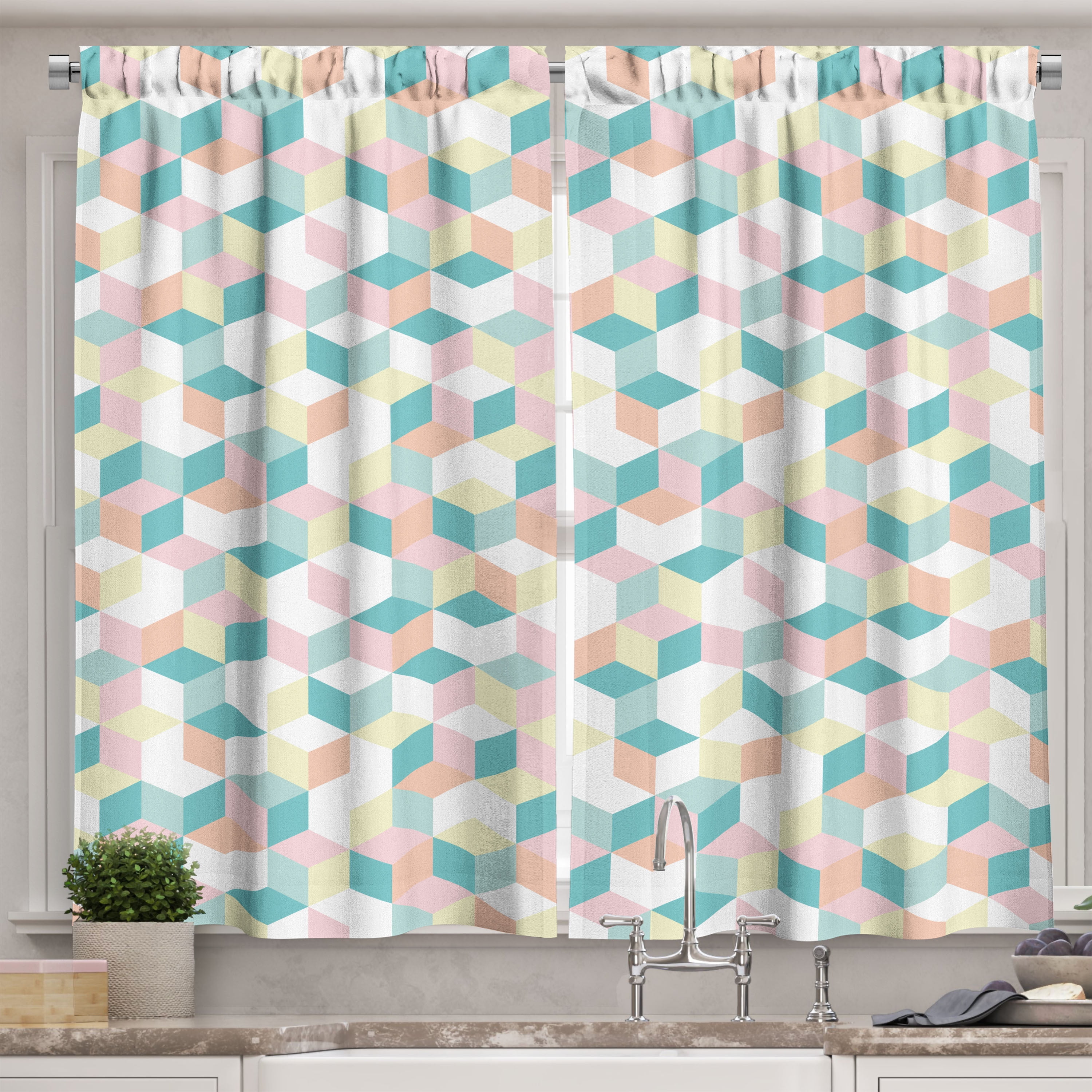 Ambesonne Geometric Kitchen Curtains, Colorful Abstract 3D Cube, 55"x30 ...