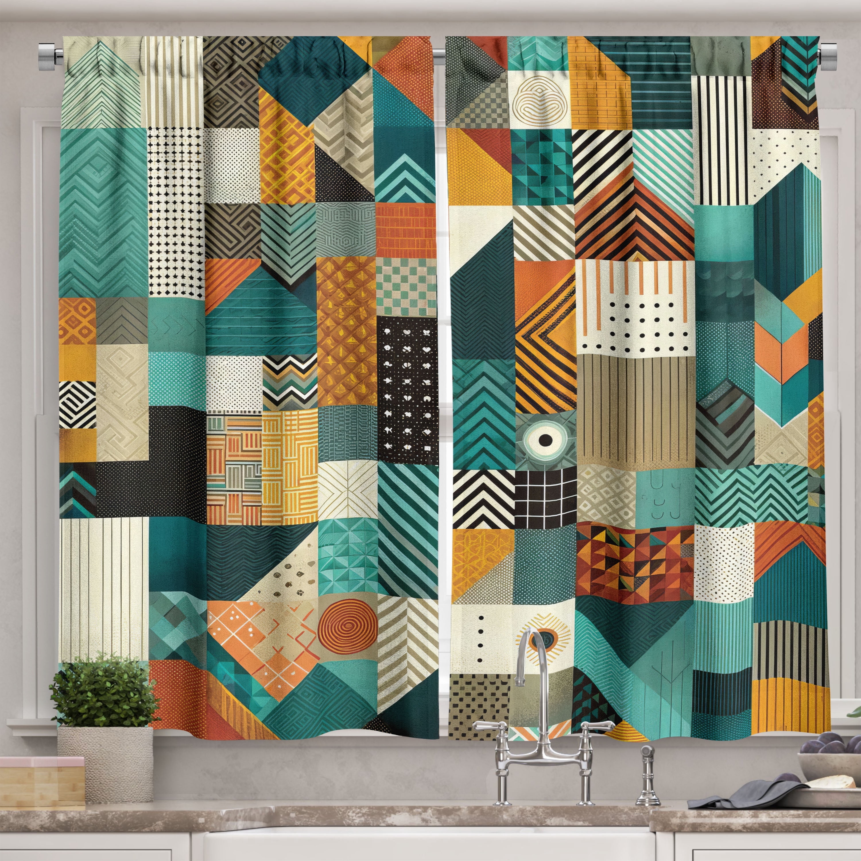 Ambesonne Geometric Kitchen Curtains, Patchwork Square Triangle, 55"x45 ...
