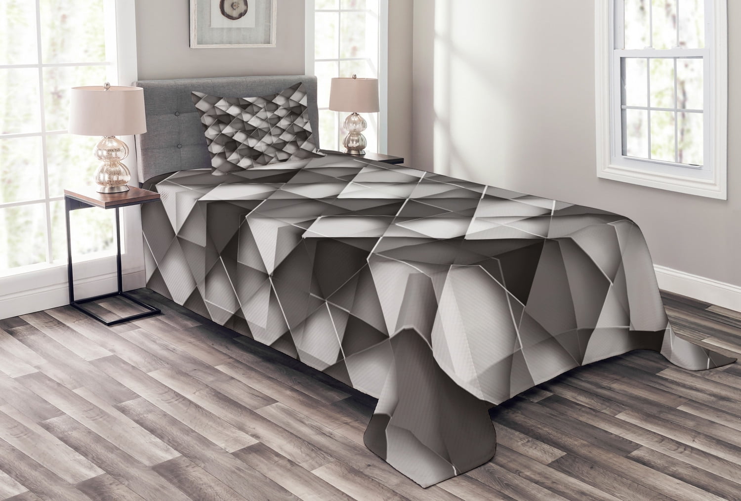 Ambesonne Geometric Quilted Bedspread Set 2 Pcs, Grey Ombre Squares ...