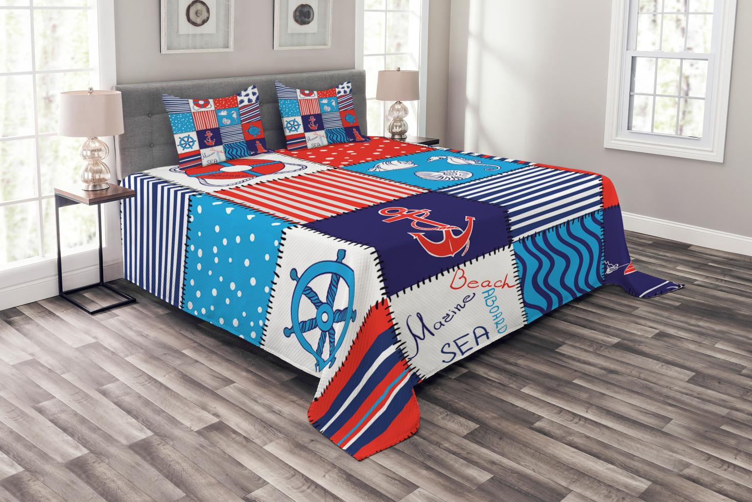 Ambesonne Geometric Quilted Bedspread Set 3 Pcs, Anchor Helm and Fish ...