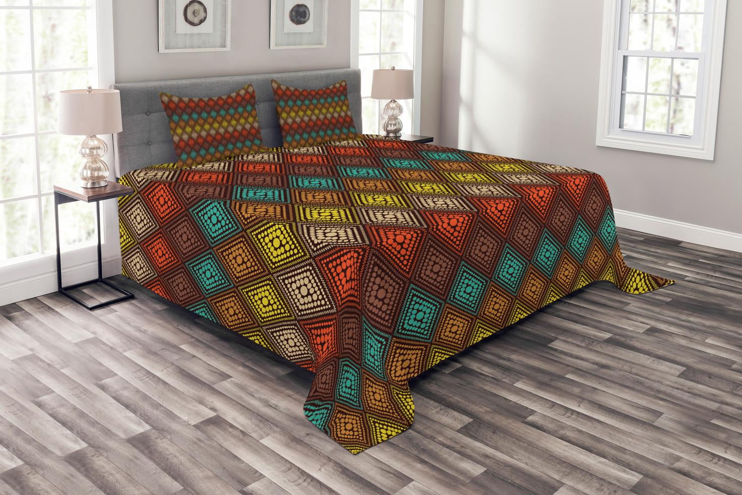 Ambesonne Geometric Quilted Bedspread Set 3 Pcs, Folk Dots in Diamond ...