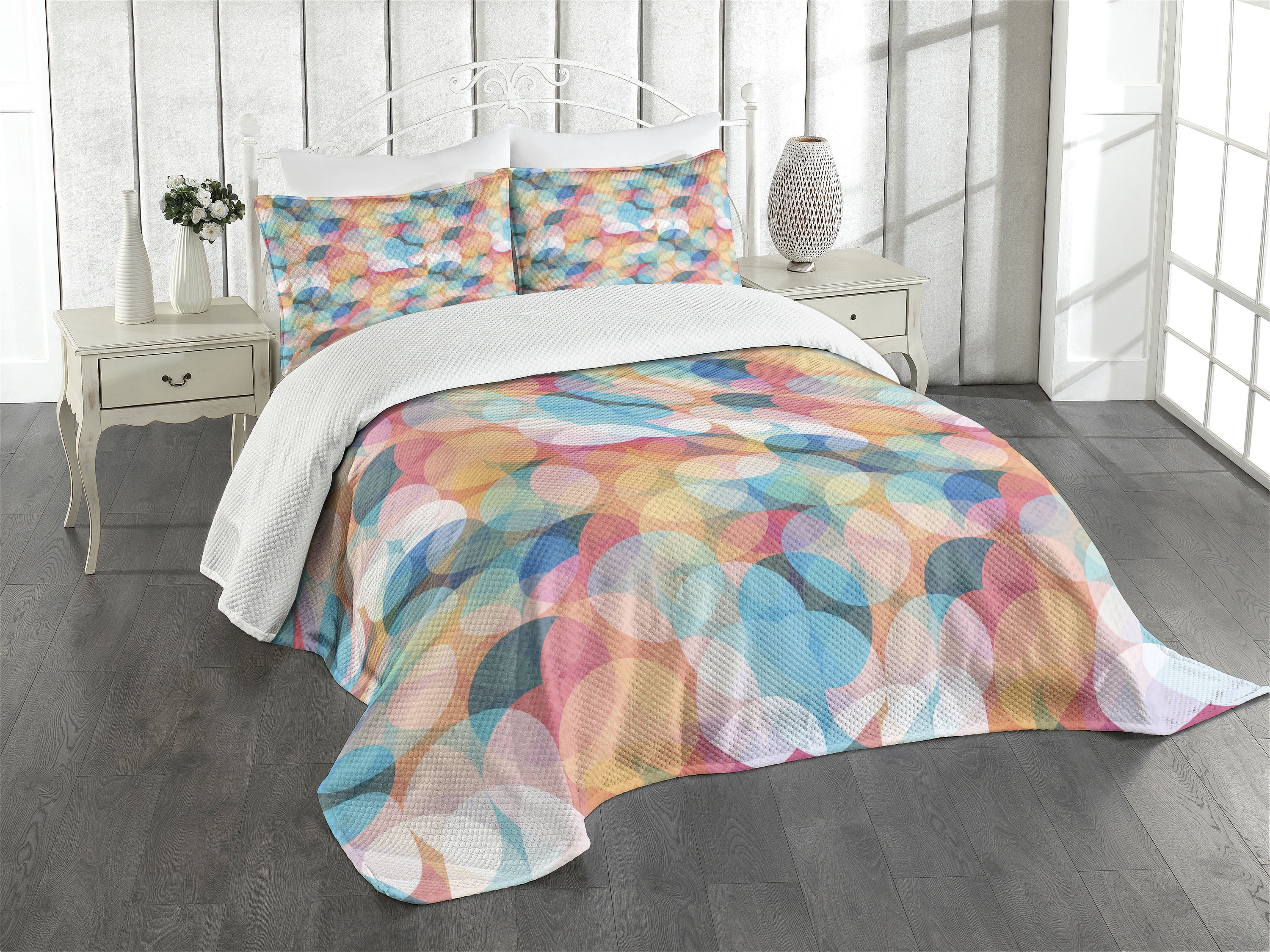 Ambesonne Geometric Quilted Bedspread Set 3 Pcs, Pastel Mosaic Circles ...