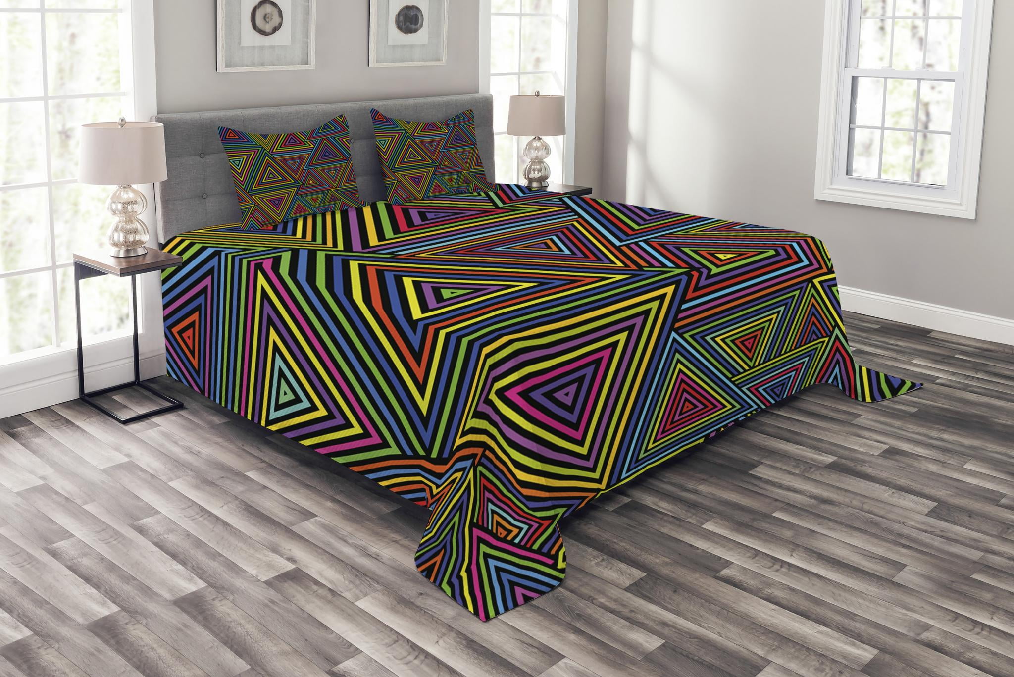 Ambesonne Geometric Quilted Bedspread Set 3 Pcs, Rainbow Colors Design ...