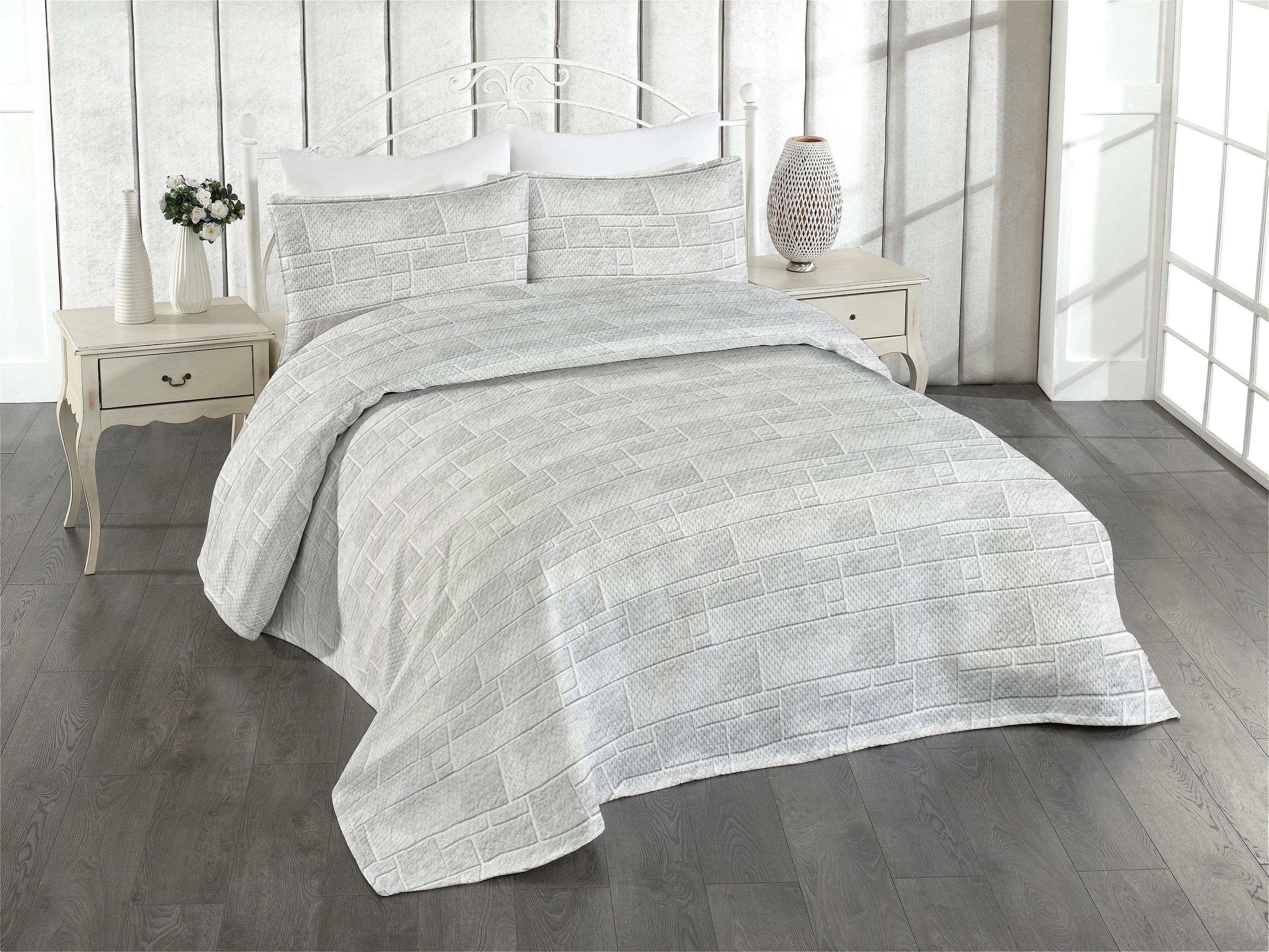 Ambesonne Geometric Quilted Bedspread Set 3 Pcs, Realistic Brick Look ...