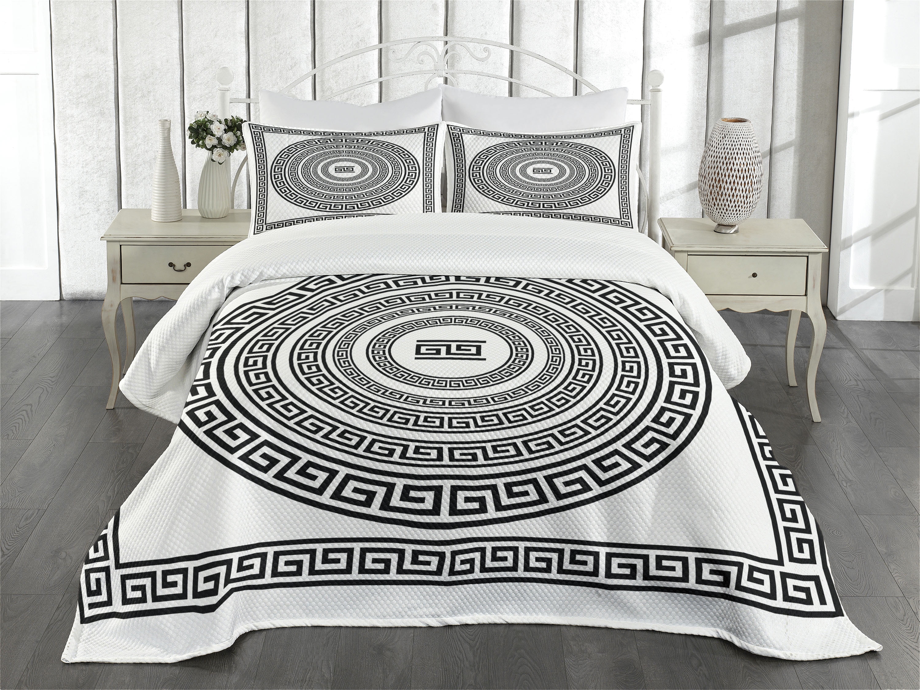 Ambesonne Geometric Quilted Bedspread Set 3 Pcs, Rounds Lines Square ...