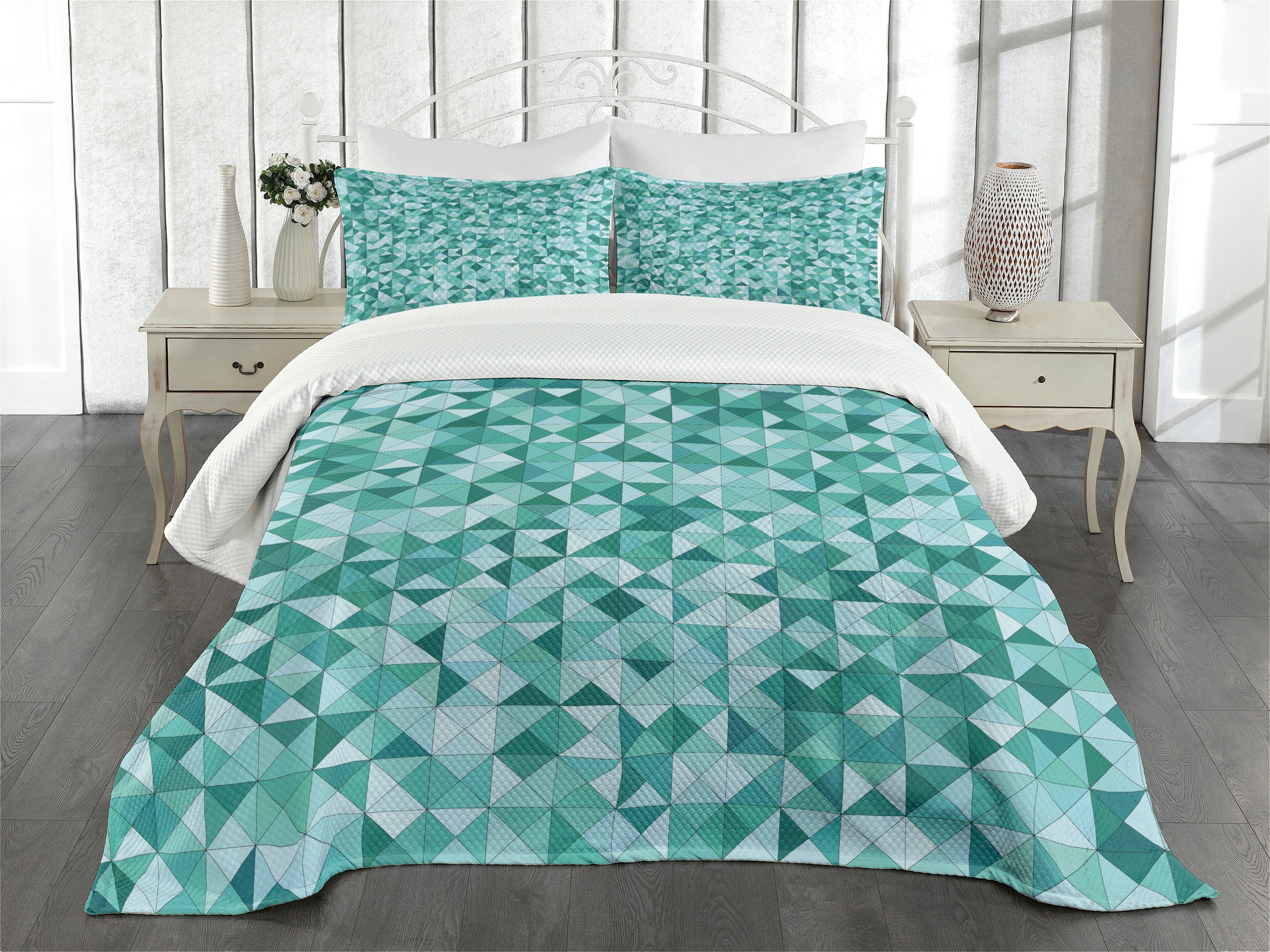 Ambesonne Geometric Quilted Bedspread Set 3 Pcs, Triangle Mosaic Shape ...