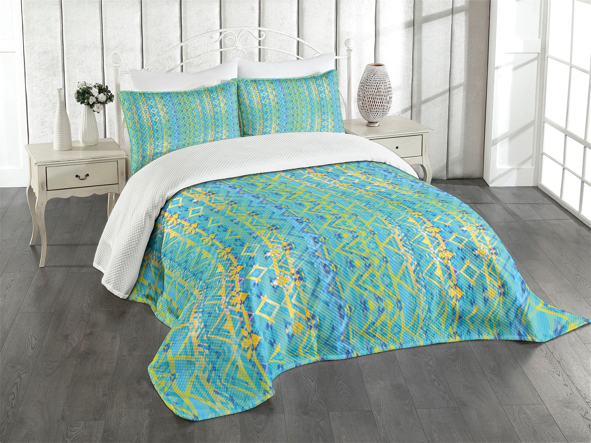 Ambesonne Geometric Quilted Bedspread Set 3 Pcs, Zigzag Aztec Design ...