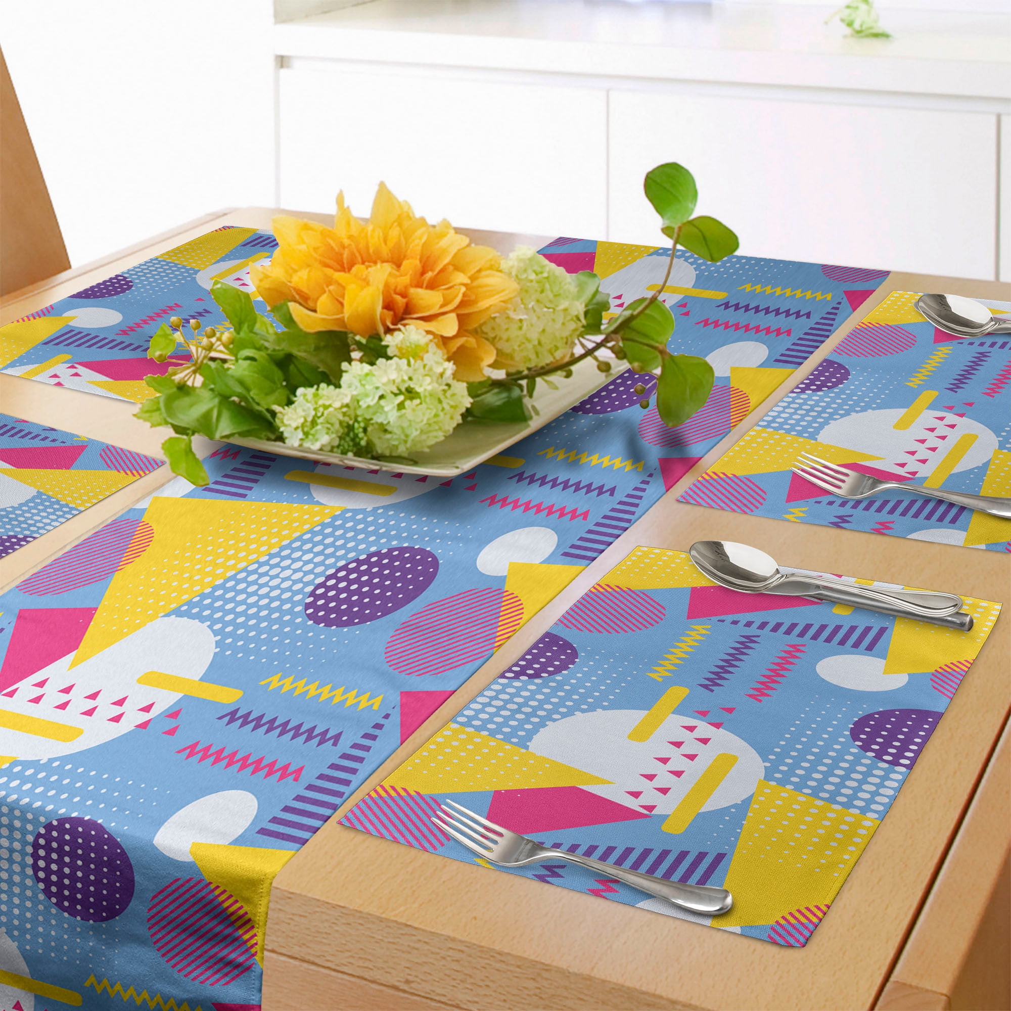 Ambesonne Geometric Table Runner & Placemats, Memphis Style Art Image ...